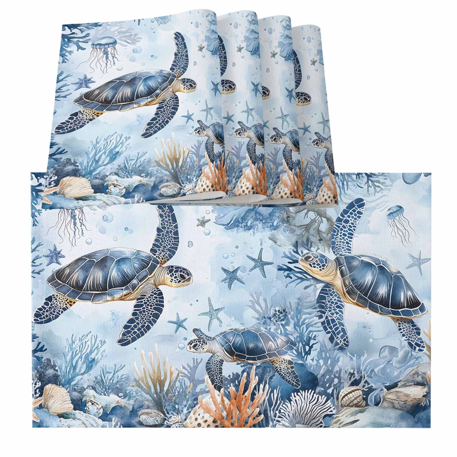 Placemats for Dinning Table Set of 8, Coastal Beach Sea Turtle Nautical ...
