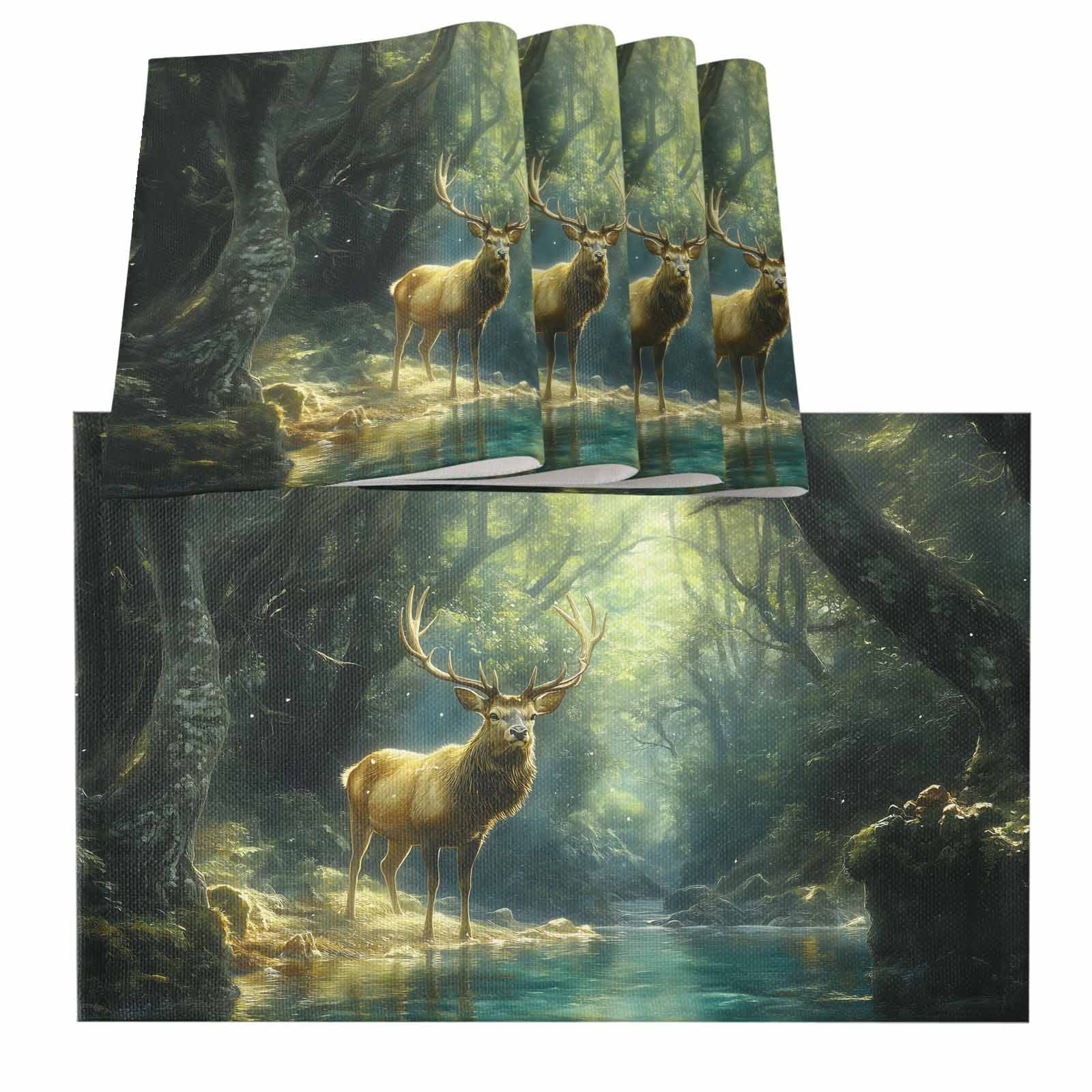 Placemats for Dinning Table Set of 8, Green Forest Deer Fantasy Vintage ...