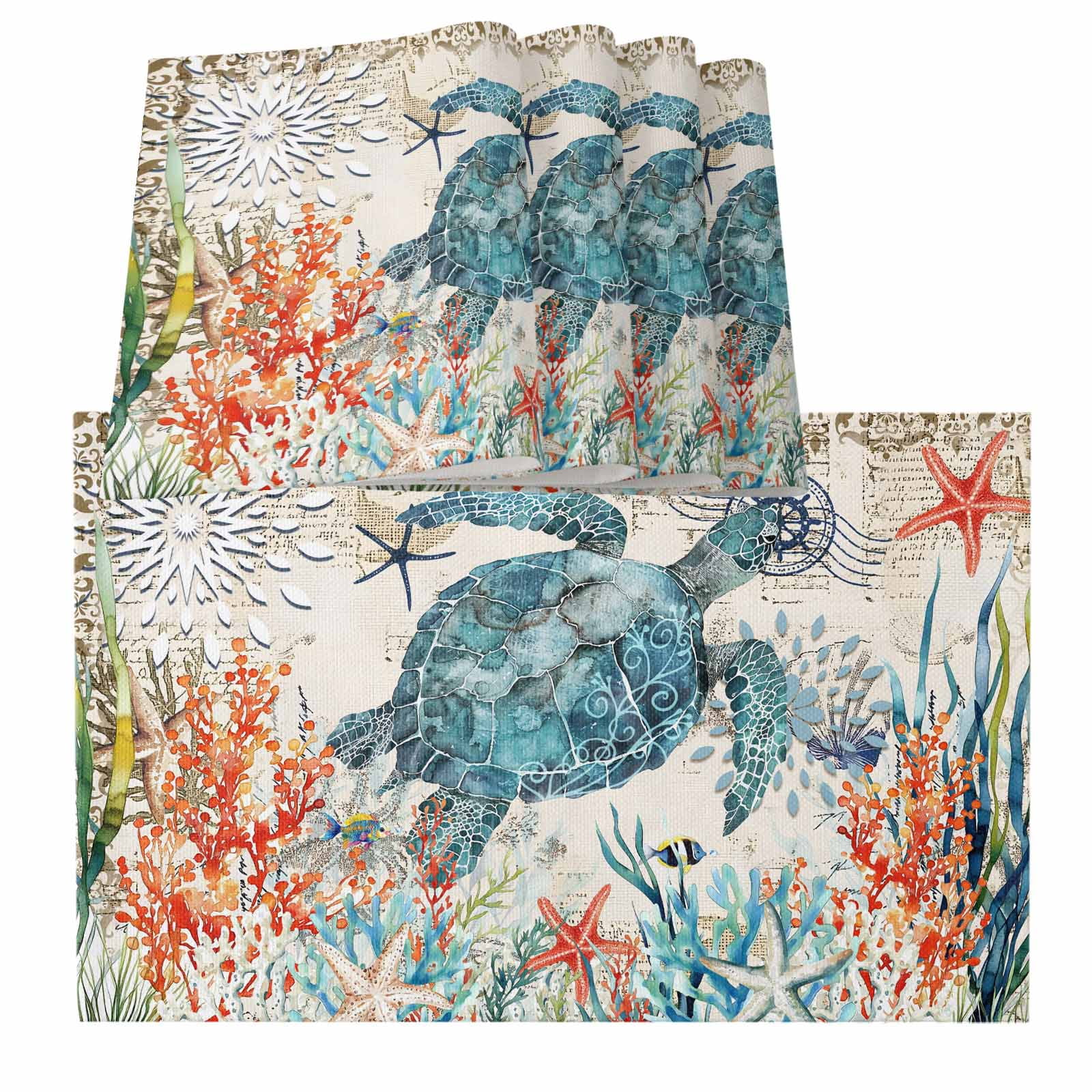 Placemats for Dinning Table Set of 8, Sea Turtle Coastal Vintage Beach ...