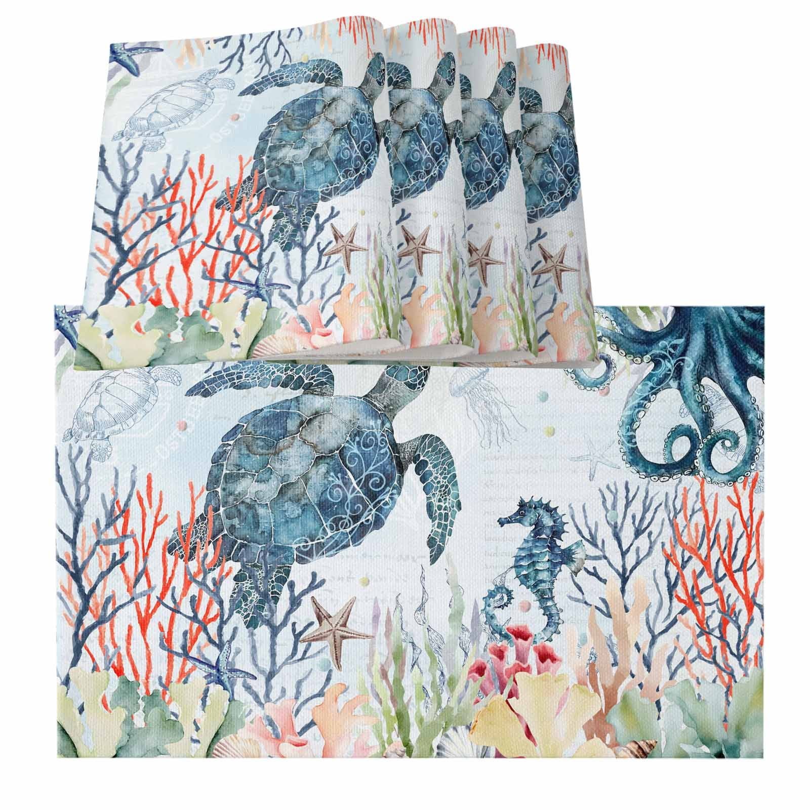 Placemats for Dinning Table Set of 8, Sea Turtles Oceans Octopus ...