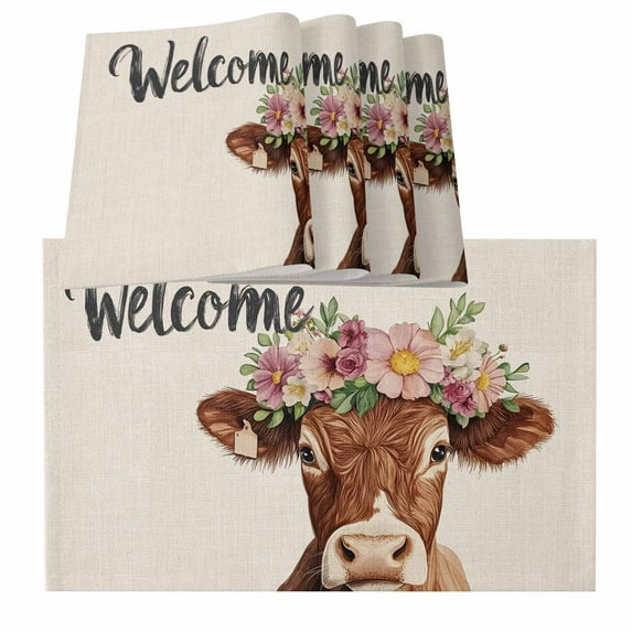 Placemats for Dinning Table Set of 8, Spring Cow Botanical Blossom ...