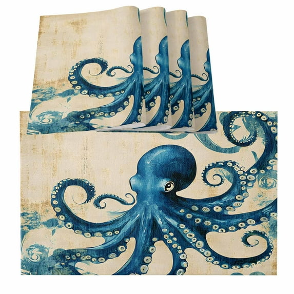 Placemats for Dinning Table Set of 8, Vintage Blue Octopus Summer ...