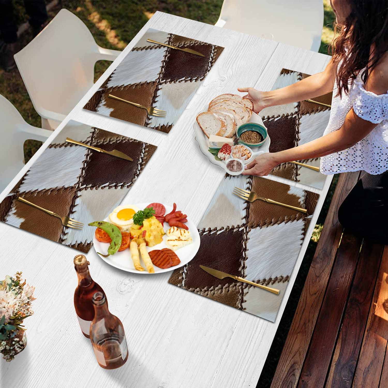 Placemats Set of 1, Western Cow Print Cowhide Burlap Placemat Heat ...