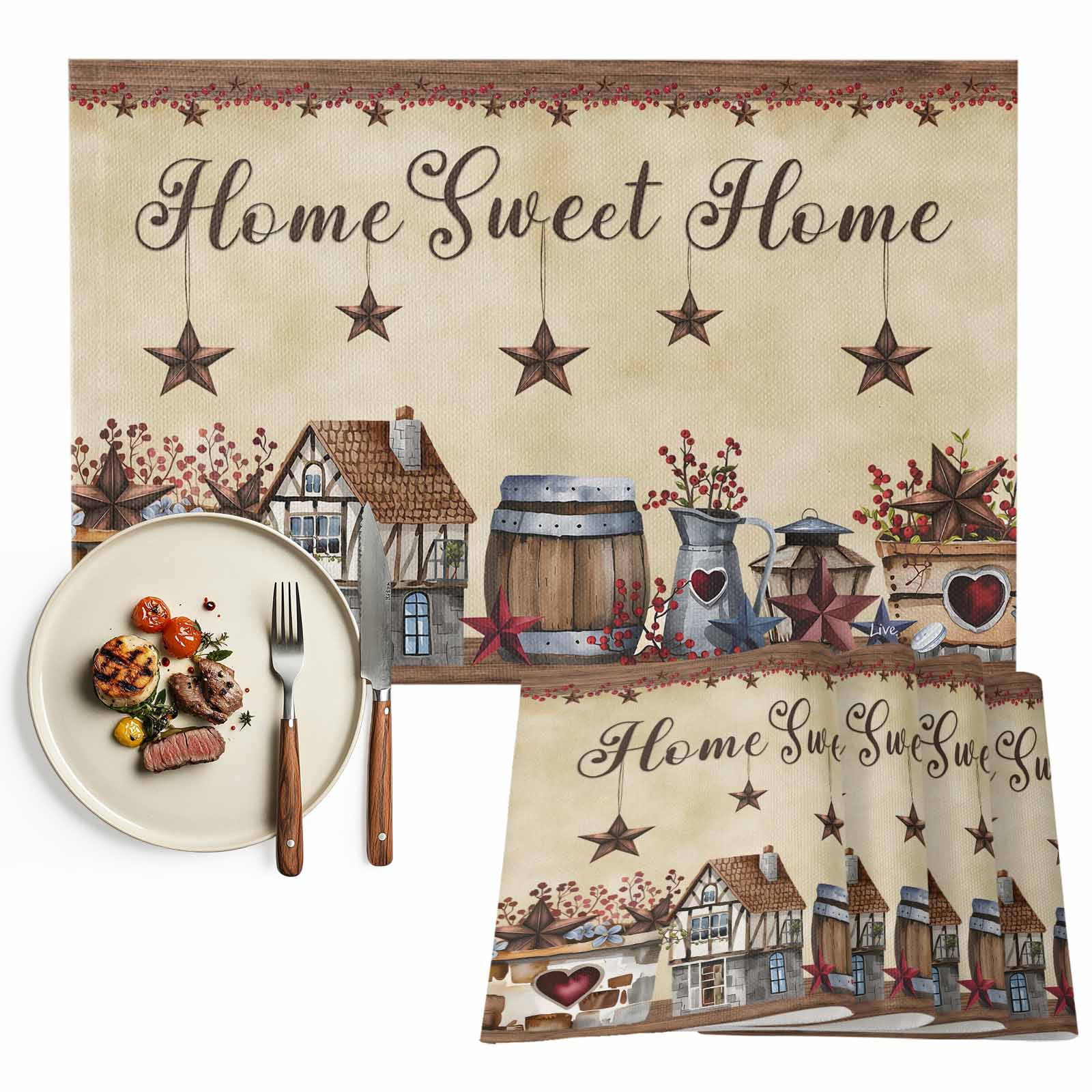 Placemats Set of 4, Barn Star Sweet Home Placemats Set of 4, Red Berry ...