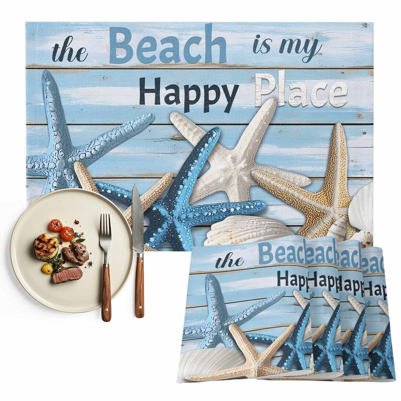 Placemats Set of 4, The Beach Is My Happy Place Place Mats Wood Stripes ...