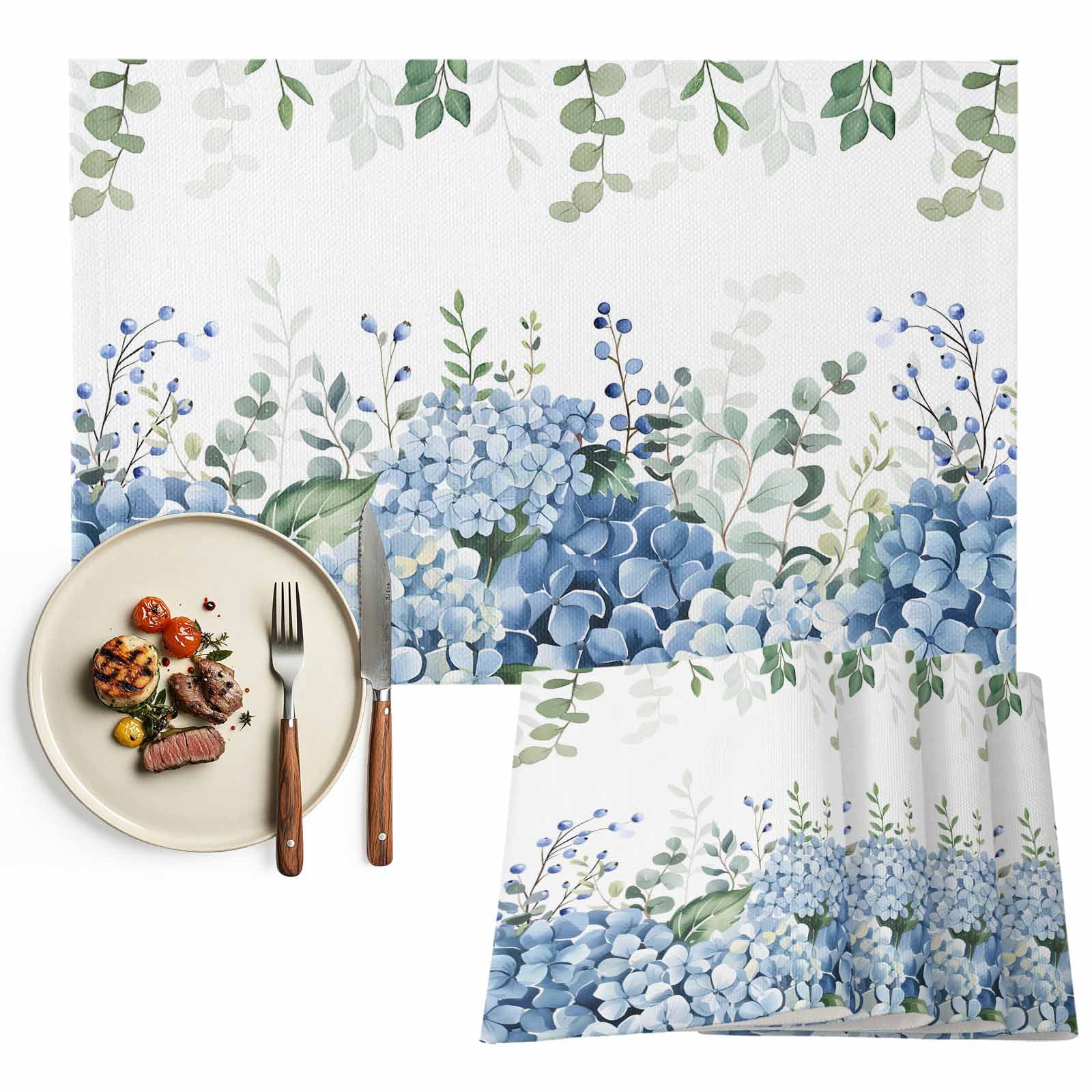 Placemats Set of 4, Blue Hydrangea Place Mats Green Eucalyptus Leaves ...