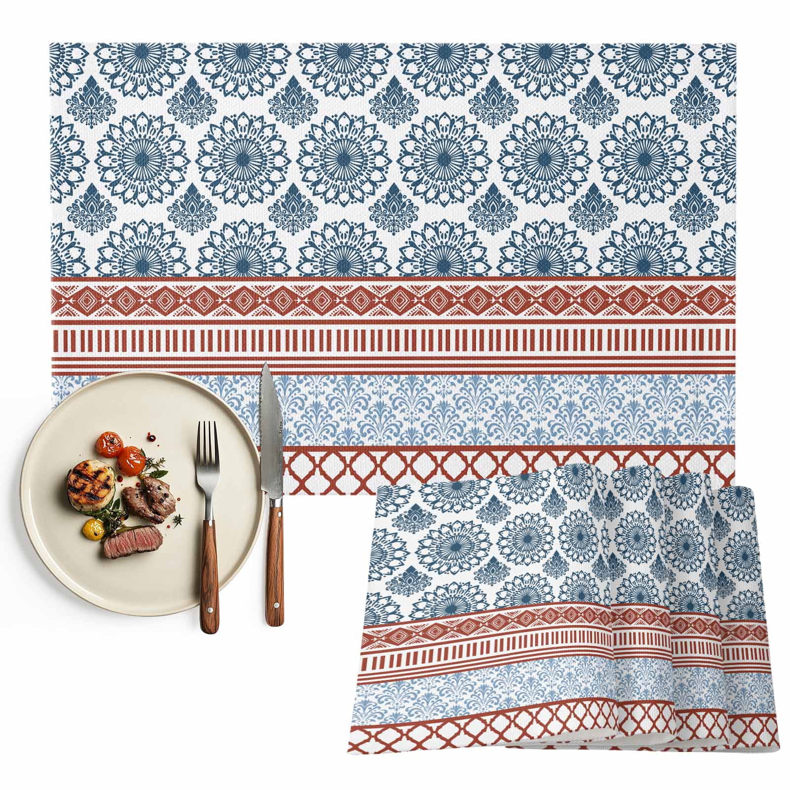 Placemats Set of 4, Blue Red Bohemian Place Mats Boho Geometric Stripe ...