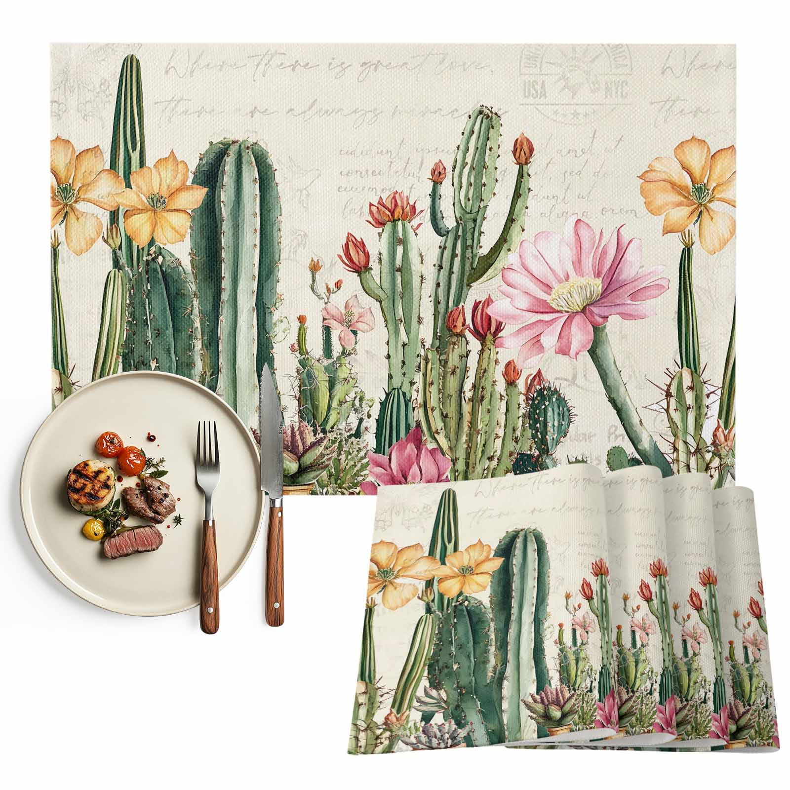 Placemats Set of 4, Cactus Place Mats Vintage Flower Tropical Plant ...
