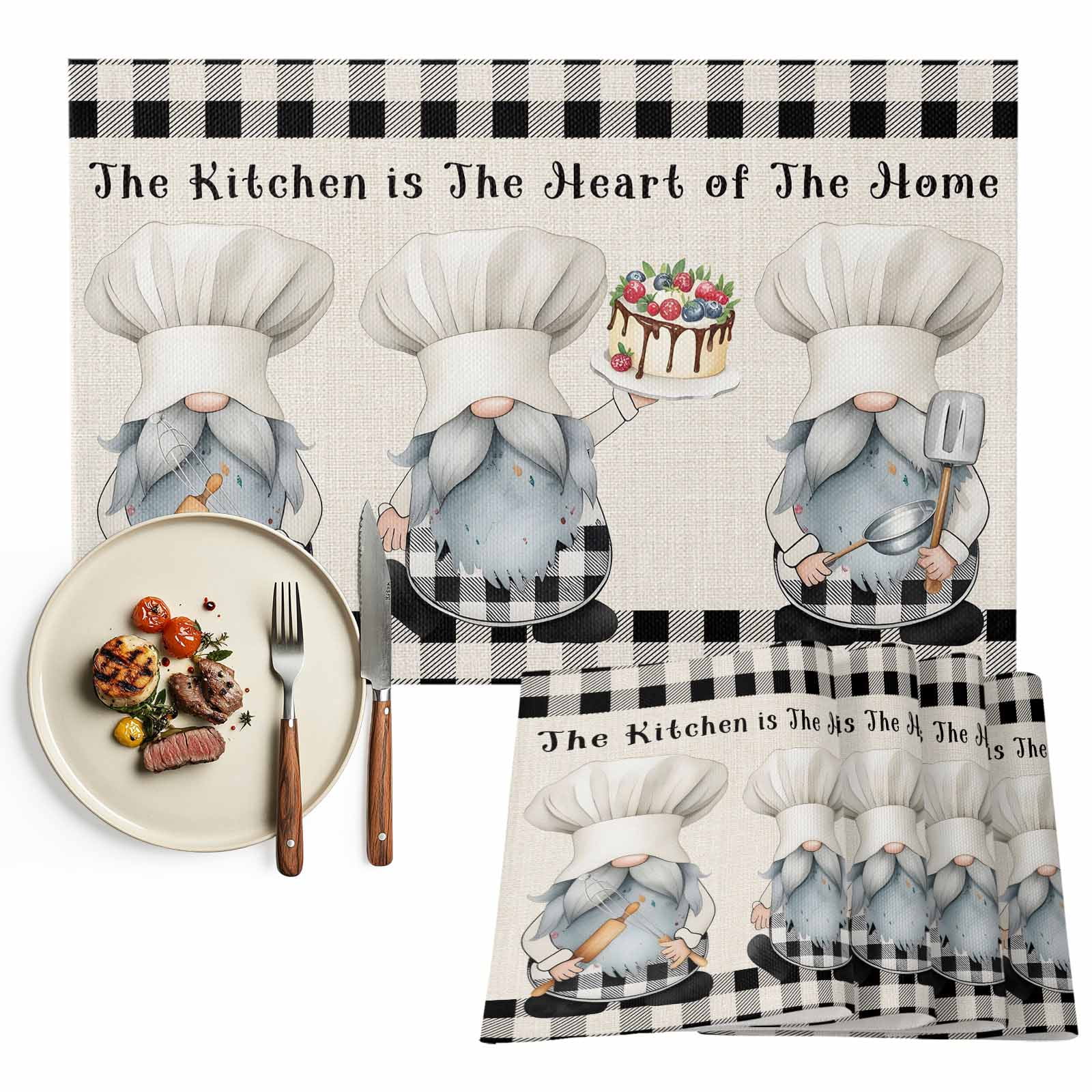 Placemats Set of 4, Cooking Chef Gnome Place Mats Cake Black Buffalo ...