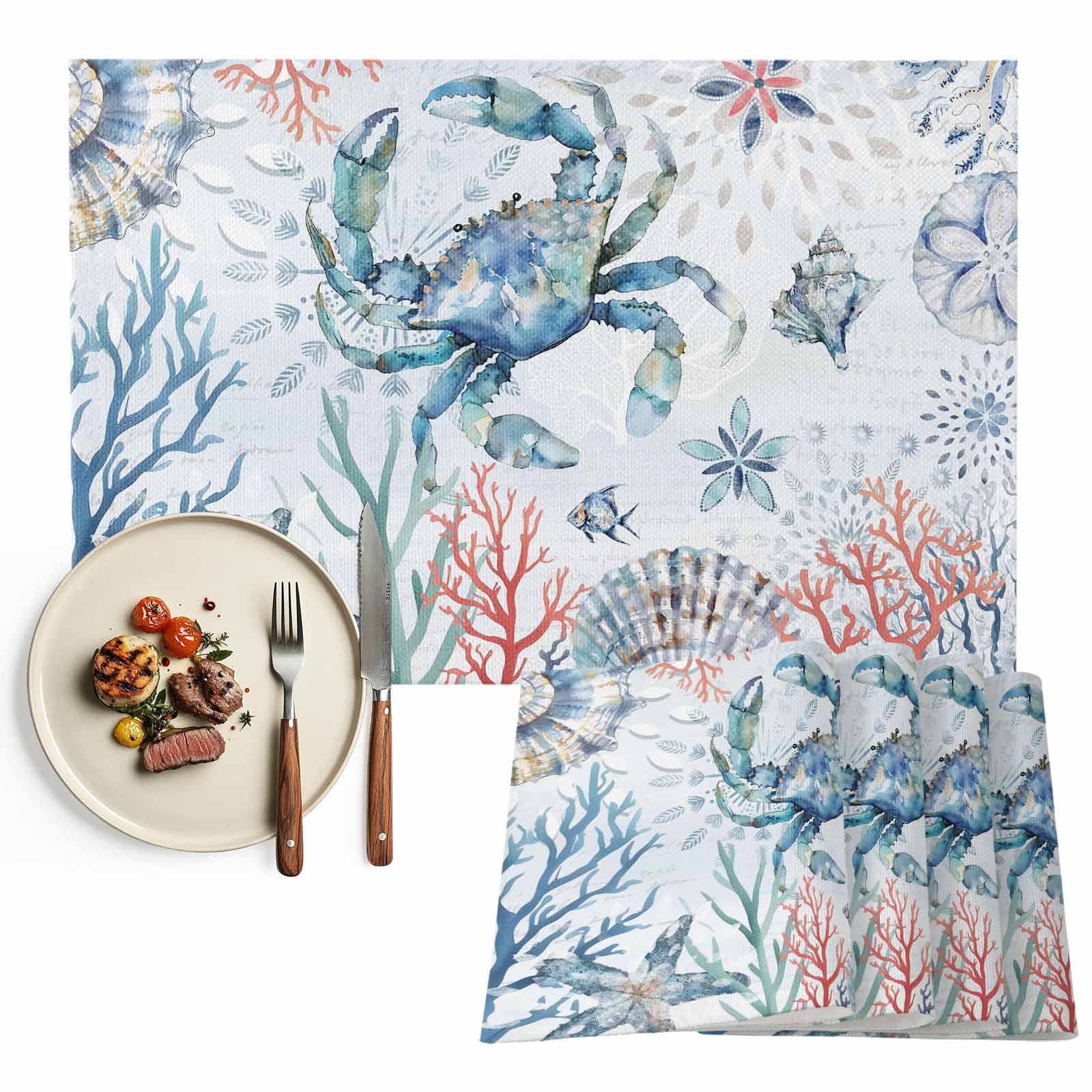 Placemats Set of 4, Crab Place Mats Shell Coral Fish Marine Life ...