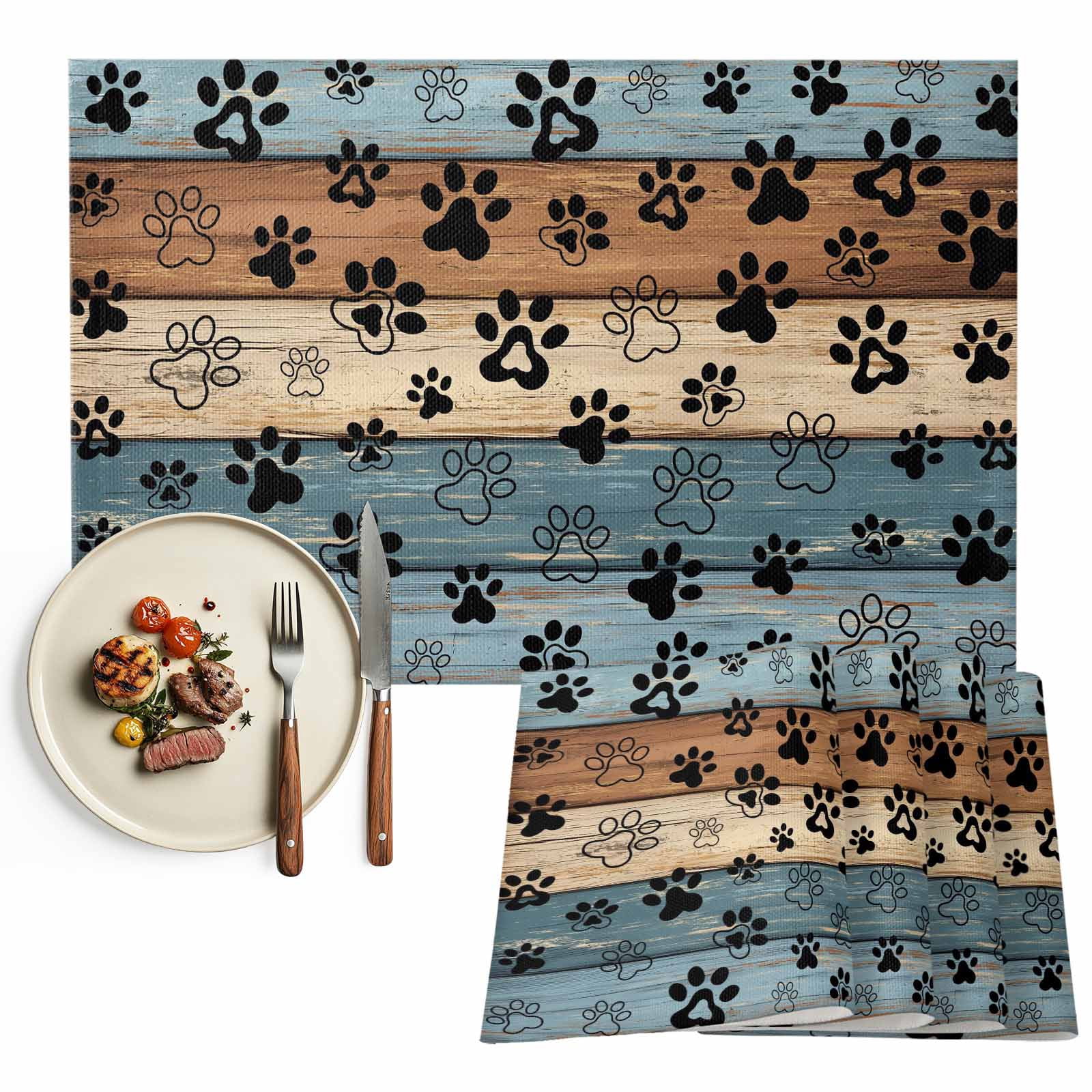 Placemats Set of 4, Dog Paw Print Place Mats Retro Brown Mist Blue Wood ...