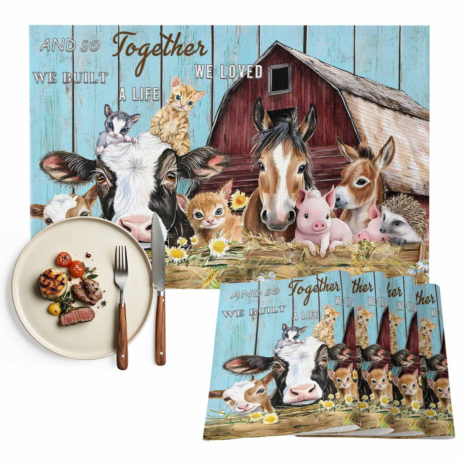 Placemats Set of 4, Farm Animal Place Mats Barn Horse Pig Cow Teal ...