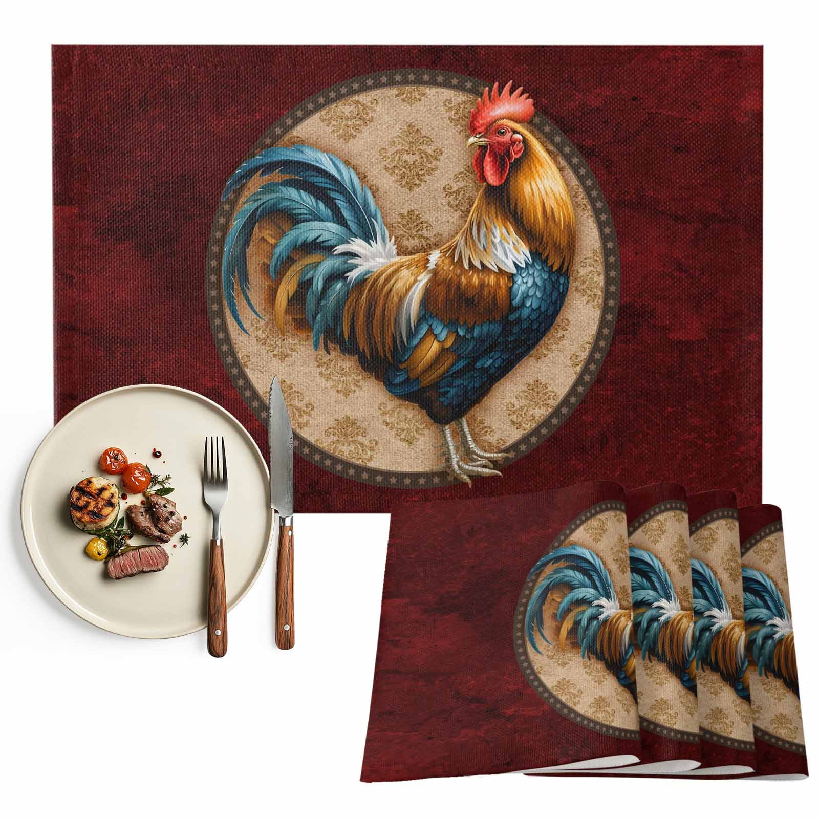 Placemats Set of 4, Farmhouse Chicken Rooster Cock Place Mats Vintage ...