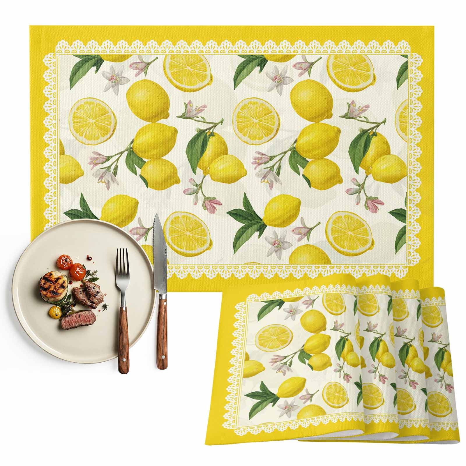 Placemats Set of 4, Floral Lemon Place Mats Yellow Summer Fruit ...
