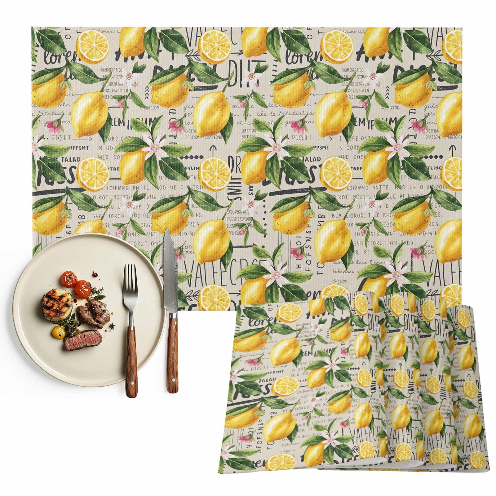 Placemats Set of 4, FloralLemon Place Mats Yellow Summer Fruit Vintage ...