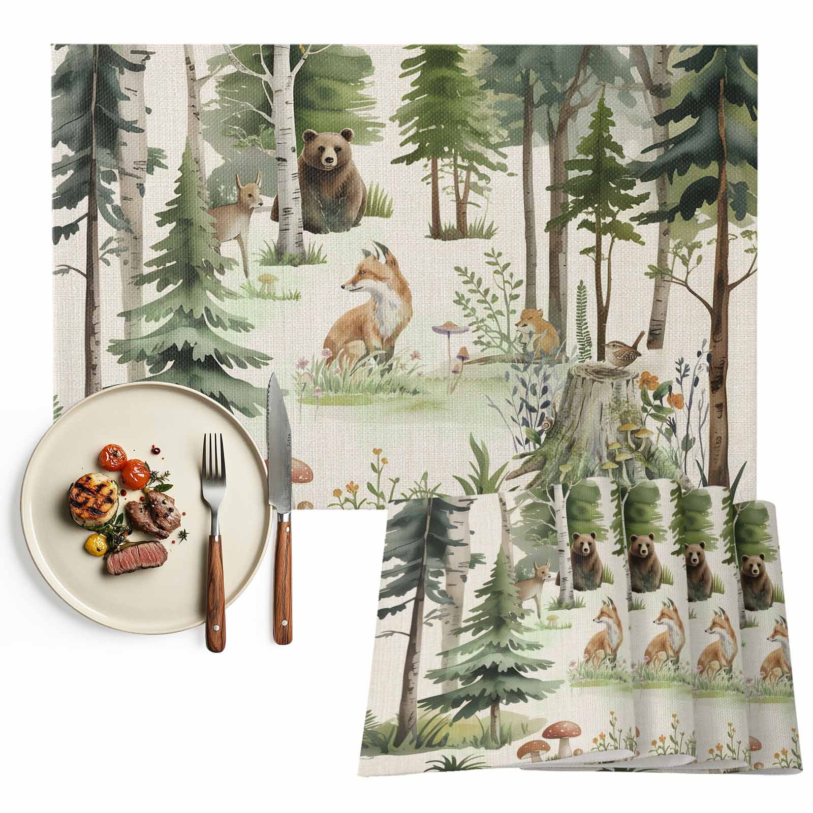 Placemats Set of 4, Forest Animal Place Mats Woodland Trees Bear Fox ...