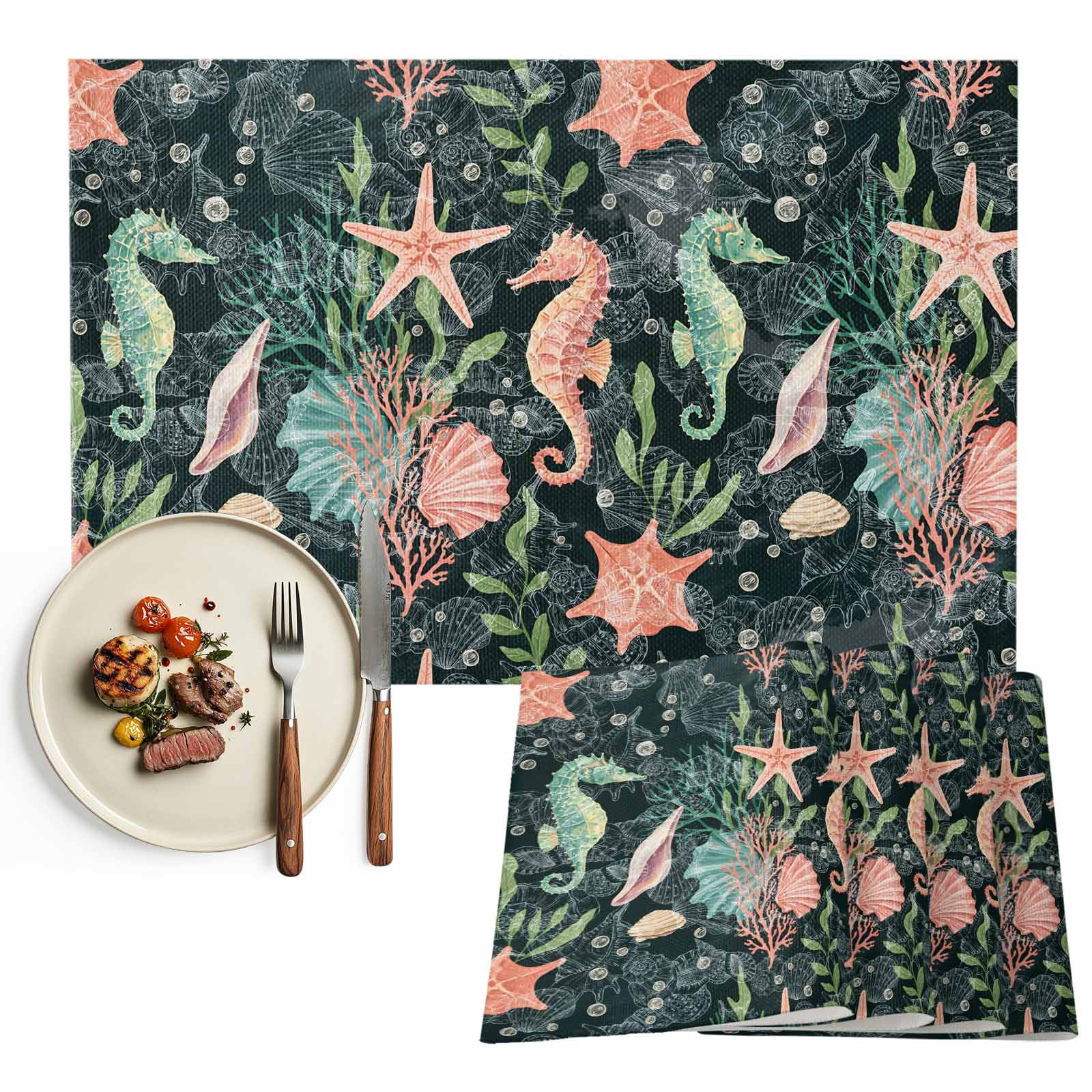 Placemats Set of 4, Green Marine Life Place Mats Conch Sea Shell Ocean ...