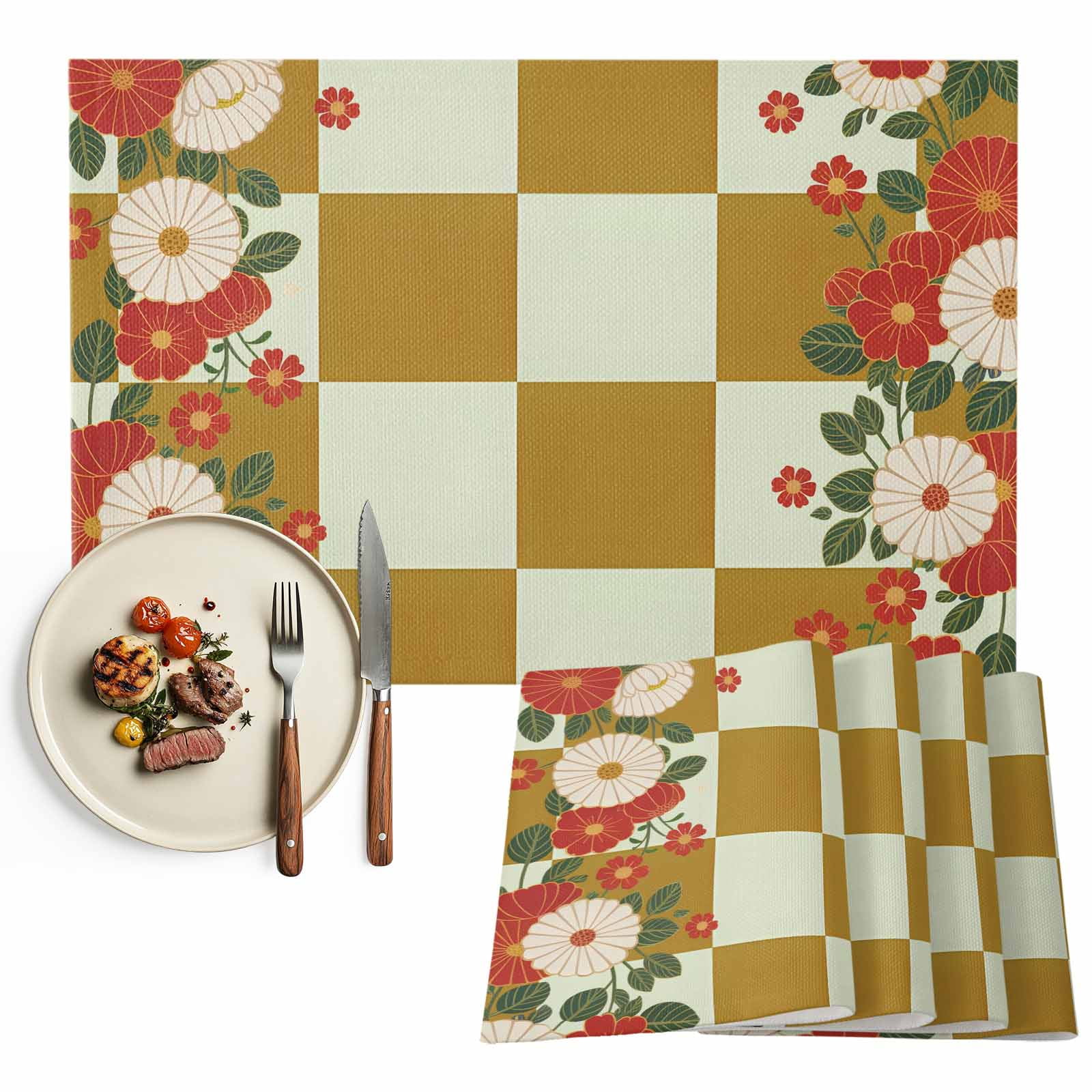 Placemats Set of 4, Japanese Style Flowers Place Mats Harmony Yellow ...