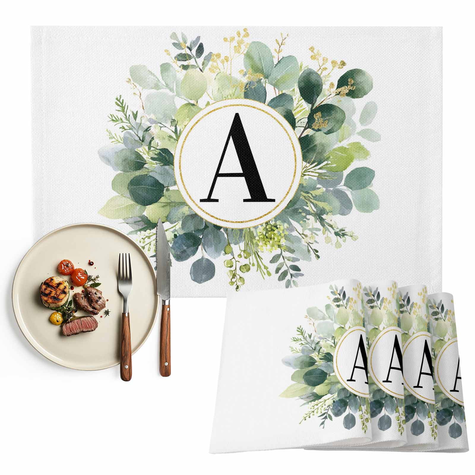 Placemats Set of 4, Letter A Place Mats Alphabet Green Eucalyptus ...