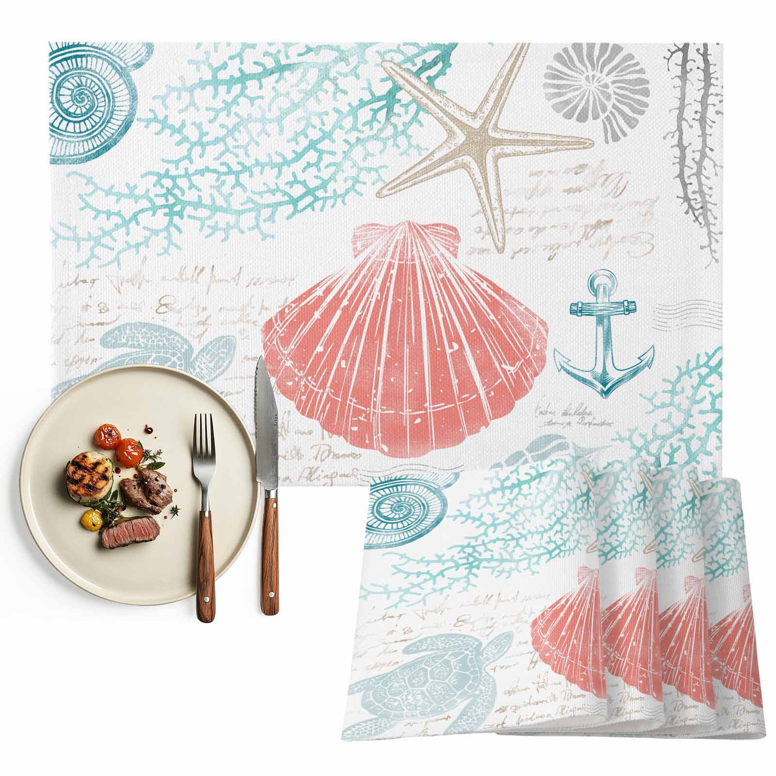 Placemats Set of 4, Marine Life Place Mats Teal Sea Turtle Starfish ...