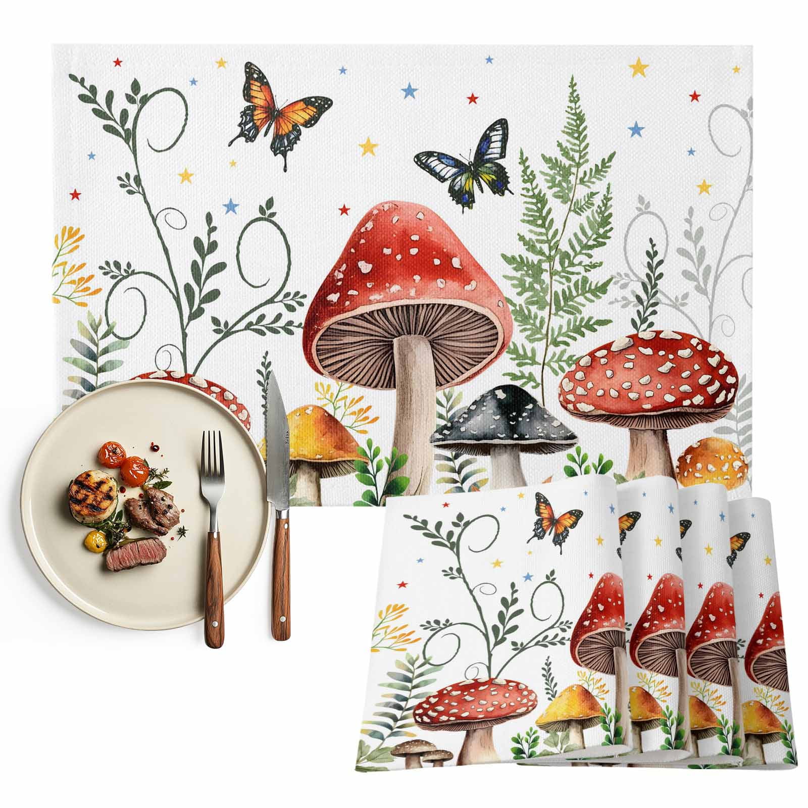 Placemats Set of 4, Mushrooms Place Mats Butterflies Star Plant ...