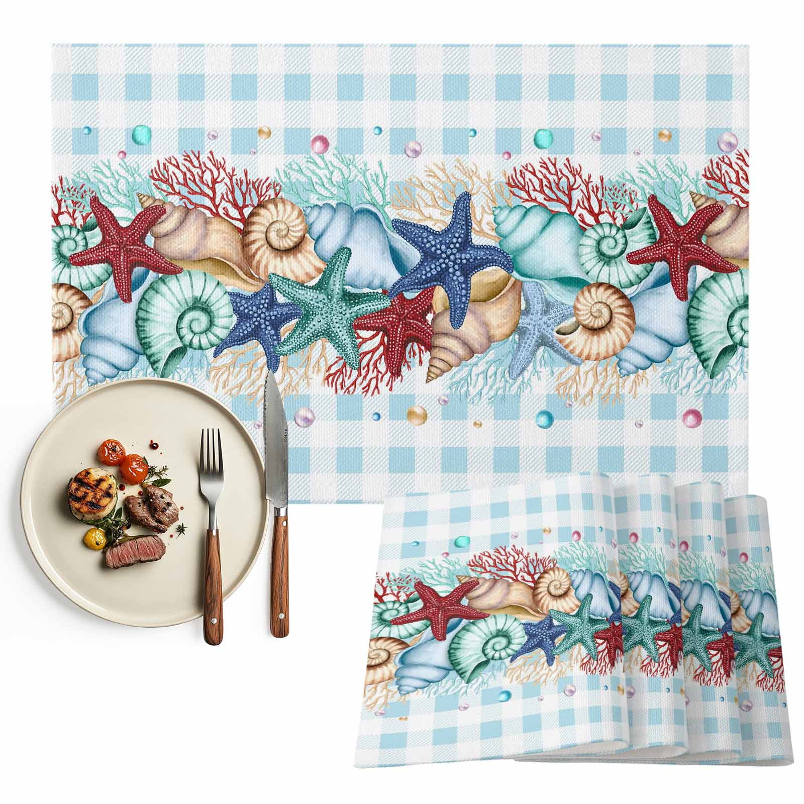 Placemats Set of 4, Ocean Coral Starfish Conch Place Mats Beach Marine ...