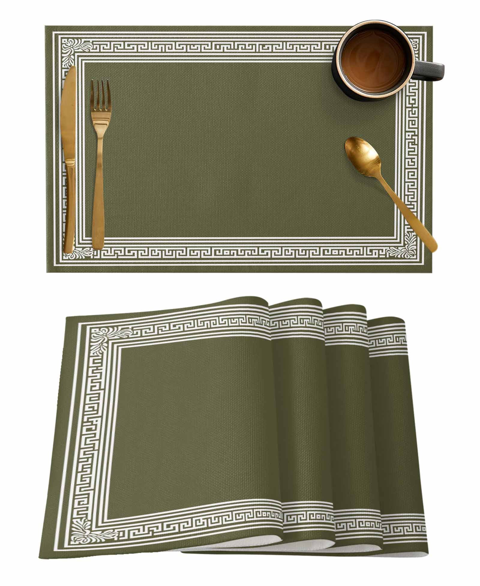 Placemats Set of 4, Olive Green Greek Key Woven Placemat, Linen Place ...