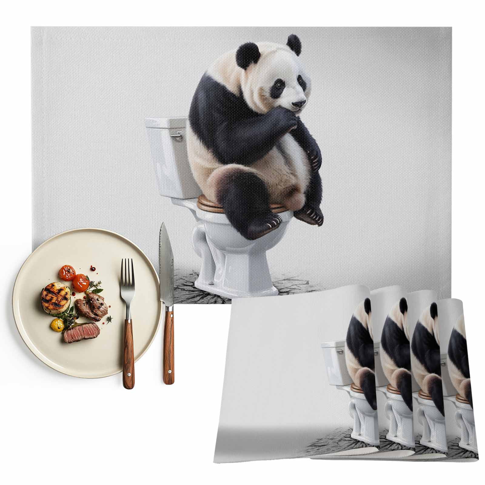 Placemats Set of 4, Panda Sitting on The Toilet Place Mats Funny Animal ...