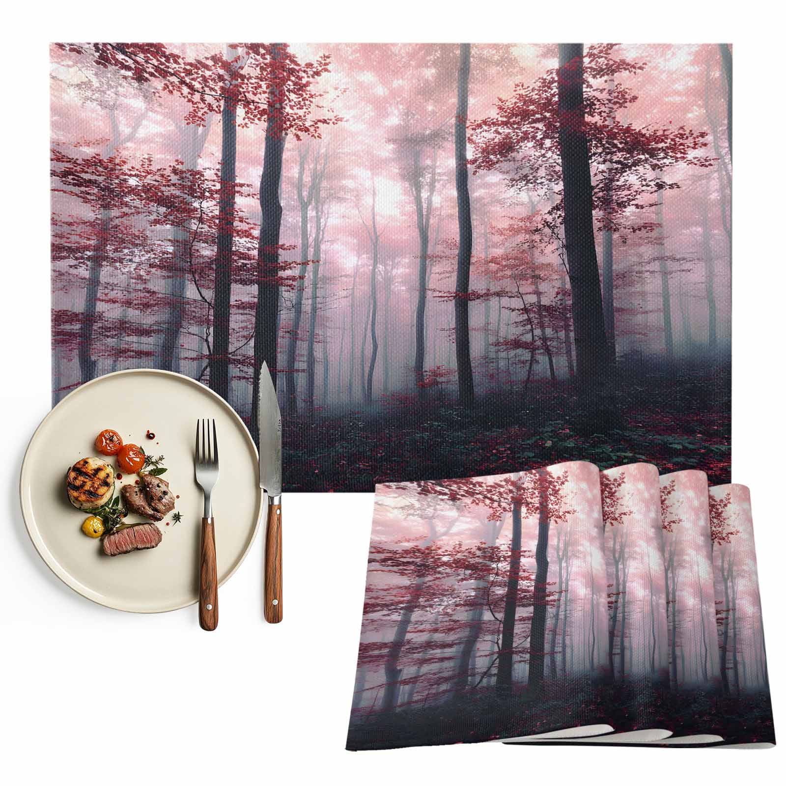 Placemats Set of 4, Pink Forest Place Mats Misty Forest Trees Nature ...