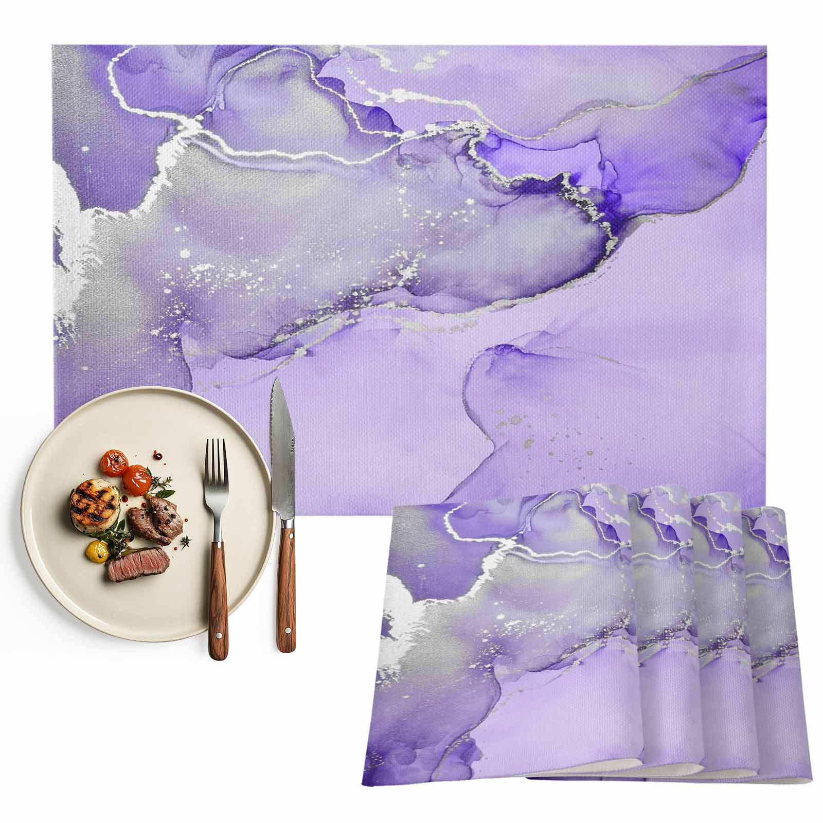 Placemats Set of 4, Purple Marble Placemats Set of 4, Abstract Waves Cloud Tablemats Washable ...