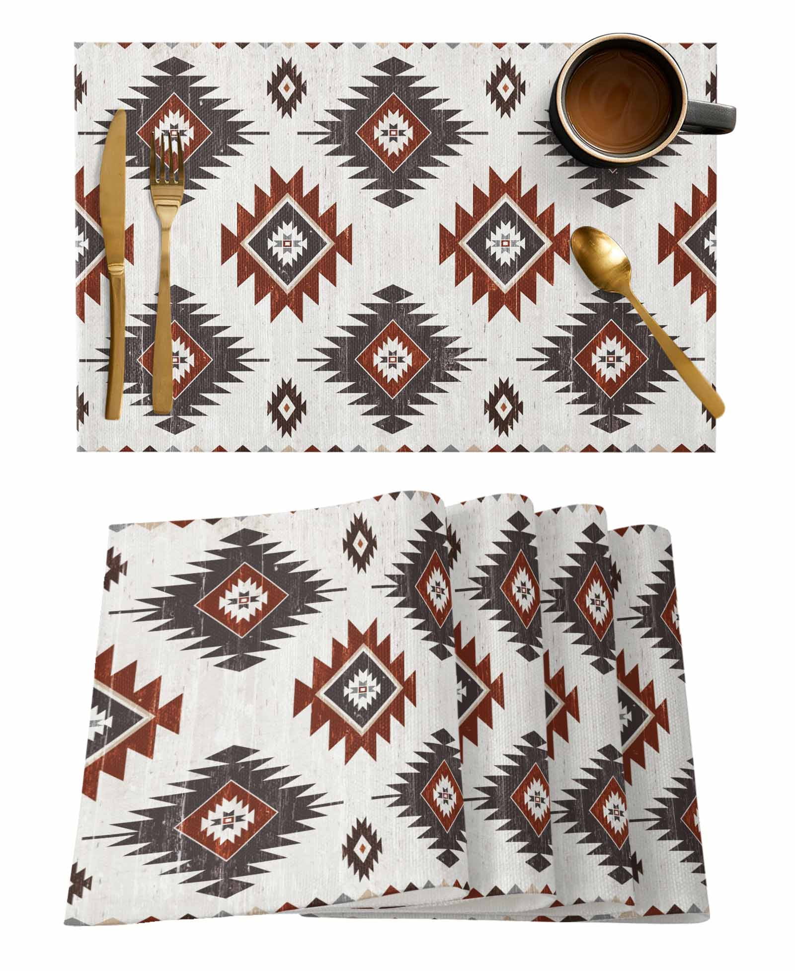 Placemats Set of 4, Red Aztec Woven Placemat, Linen Place Mats for ...