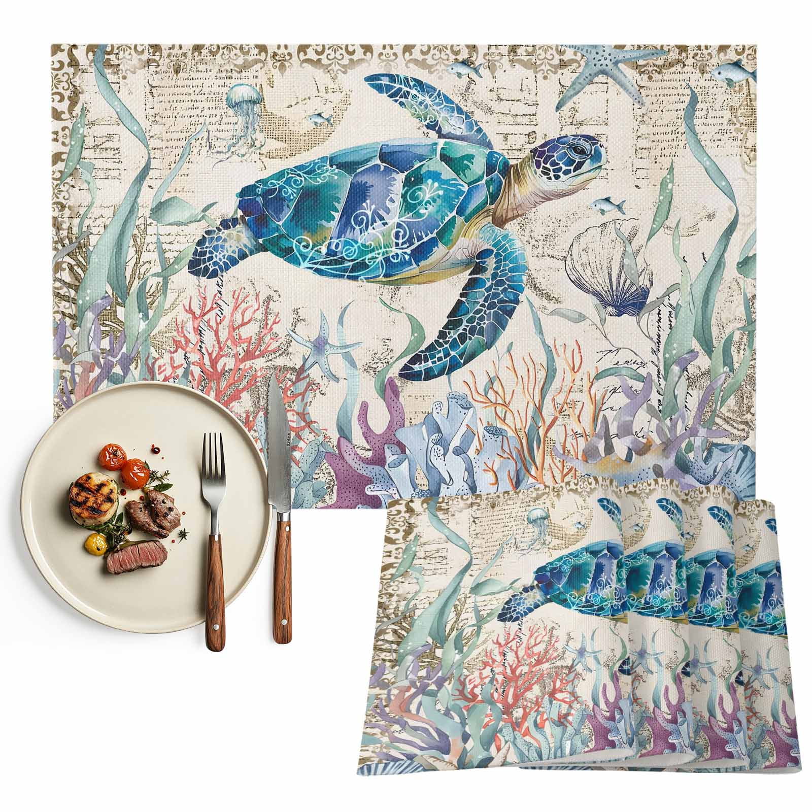 Placemats Set of 4, Sea Turtle Place Mats Vintage Ocean Coral Seagrass ...