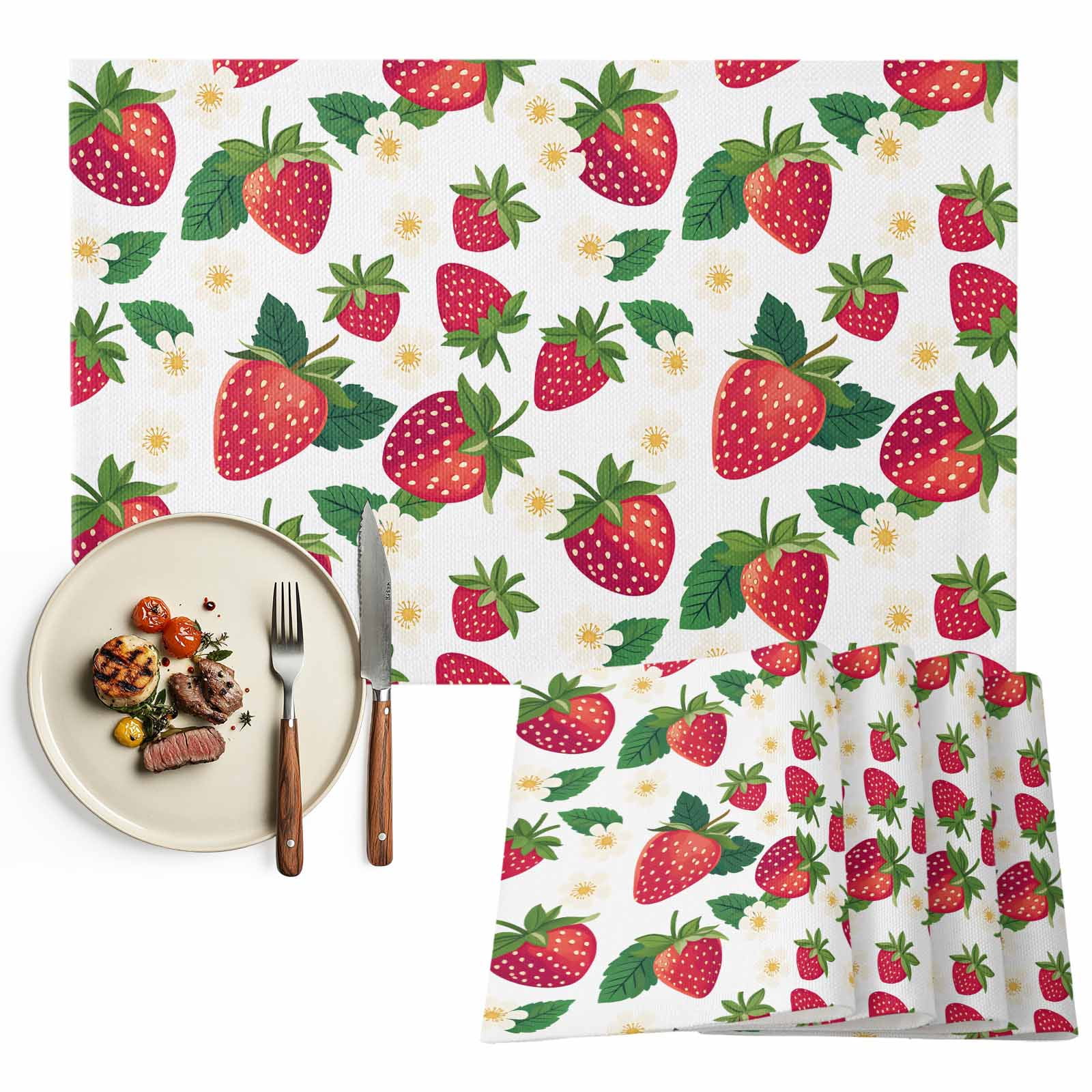Placemats Set of 4, Strawberry Place Mats Cute Floral Fruit Tablemats ...