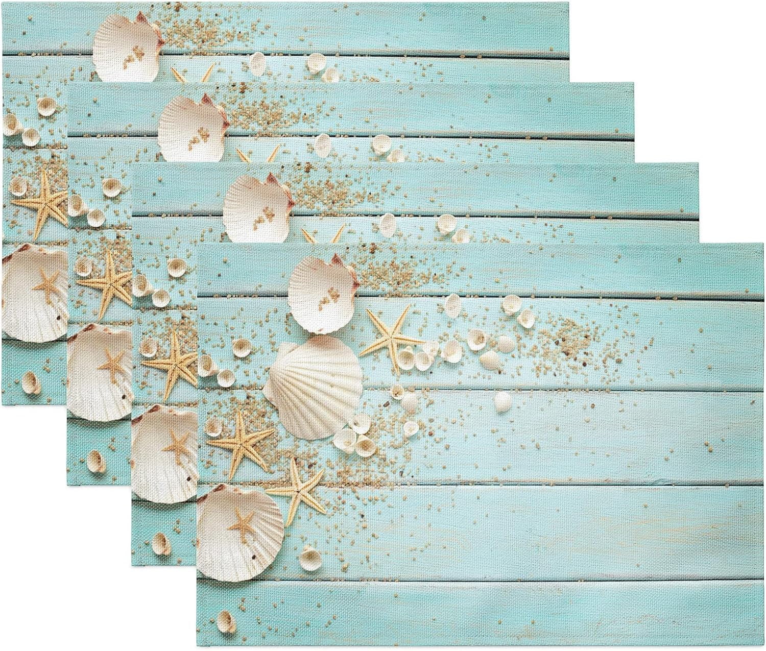 Placemats Set of 4, Summer Beach Seashell Non Slip Heat Resistant Linen ...
