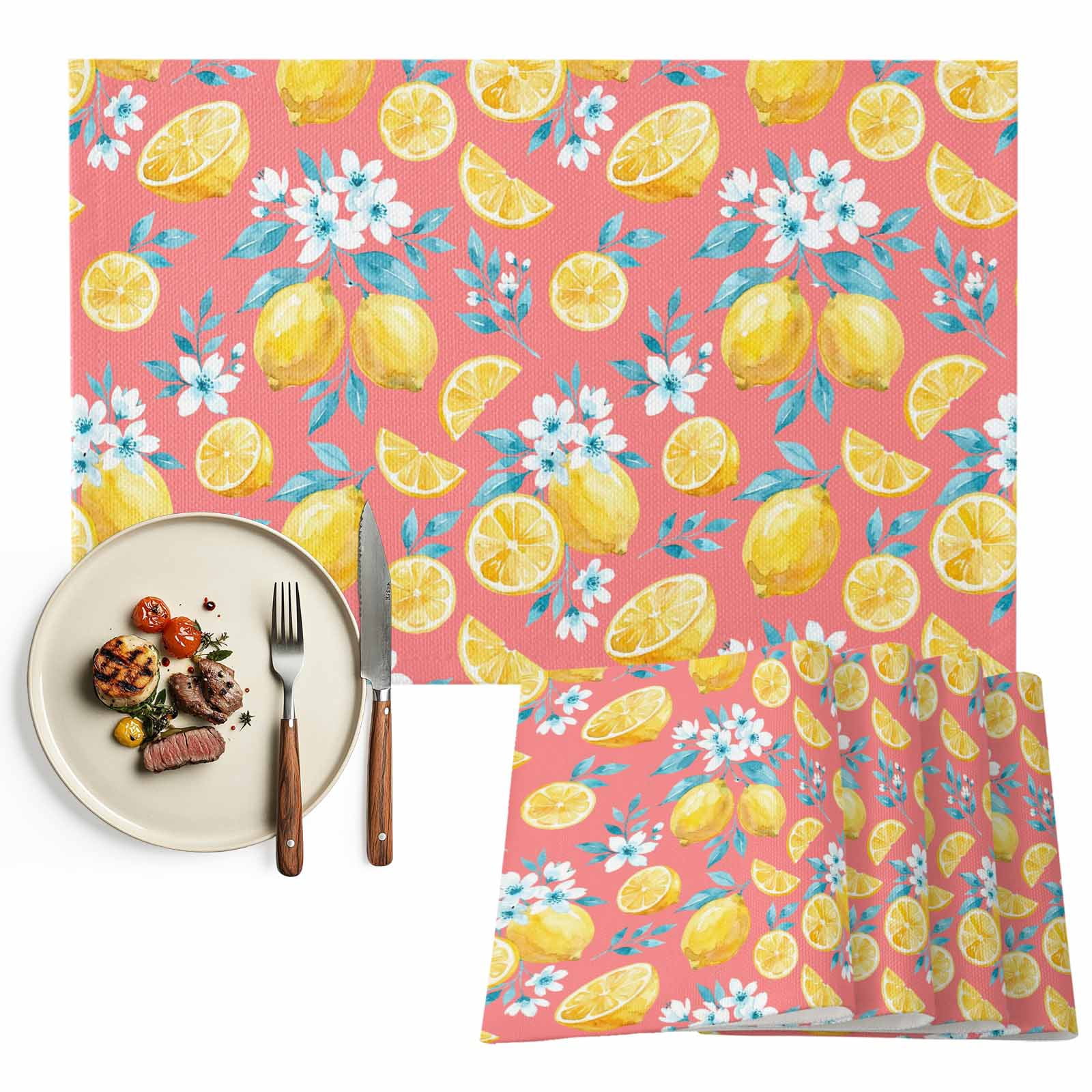 Placemats Set of 4, Summer Lemon Place Mats Fruit Pink Flower Tablemats ...