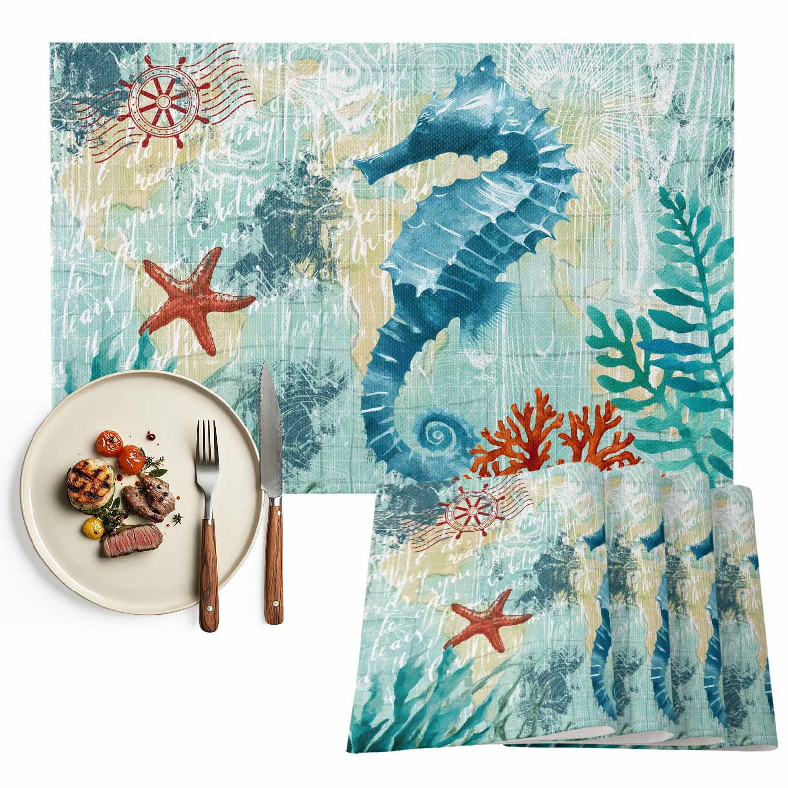 Placemats Set of 4, Teal Seahorse Place Mats Anchor Coral Ocean Marine ...