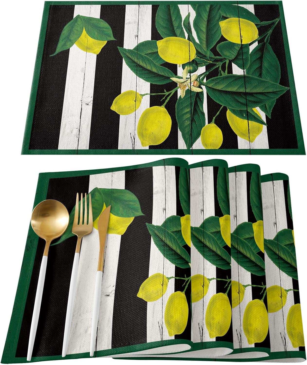 Placemats Set of 4 Washable,Yellow Lemon Pattern Green Leaf Placemat for Dining Table ...