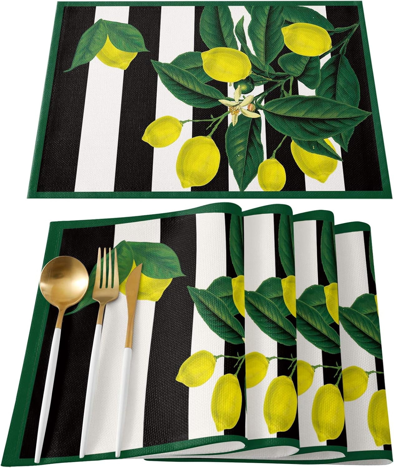 Placemats Set of 4 Washable,Yellow Lemon Summer Green Leaf Placemat for ...