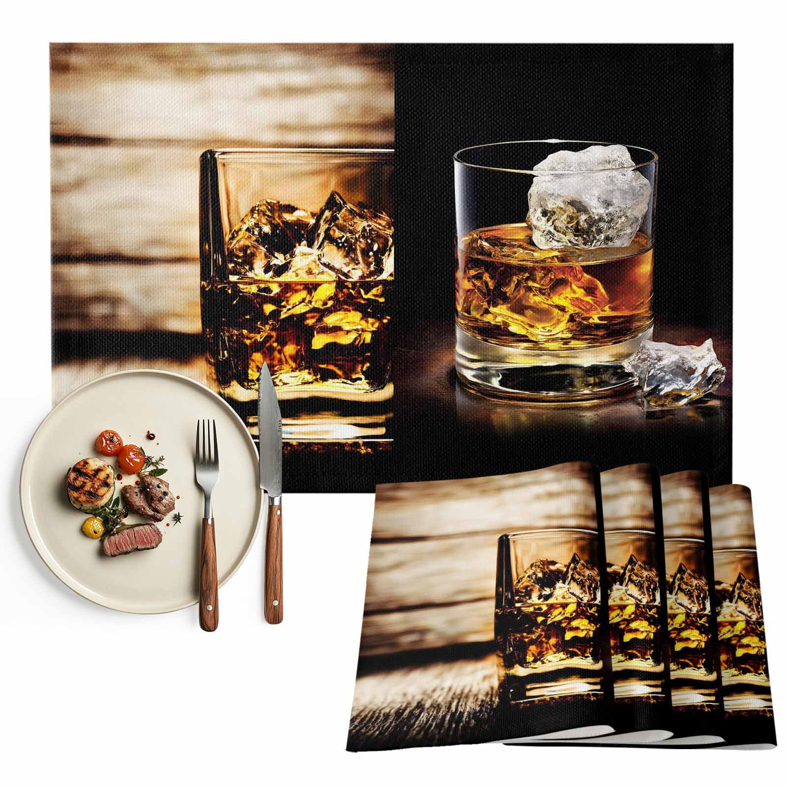 Placemats Set of 4, Whisky Glass Place Mats Wine Old Fashioned Wood ...