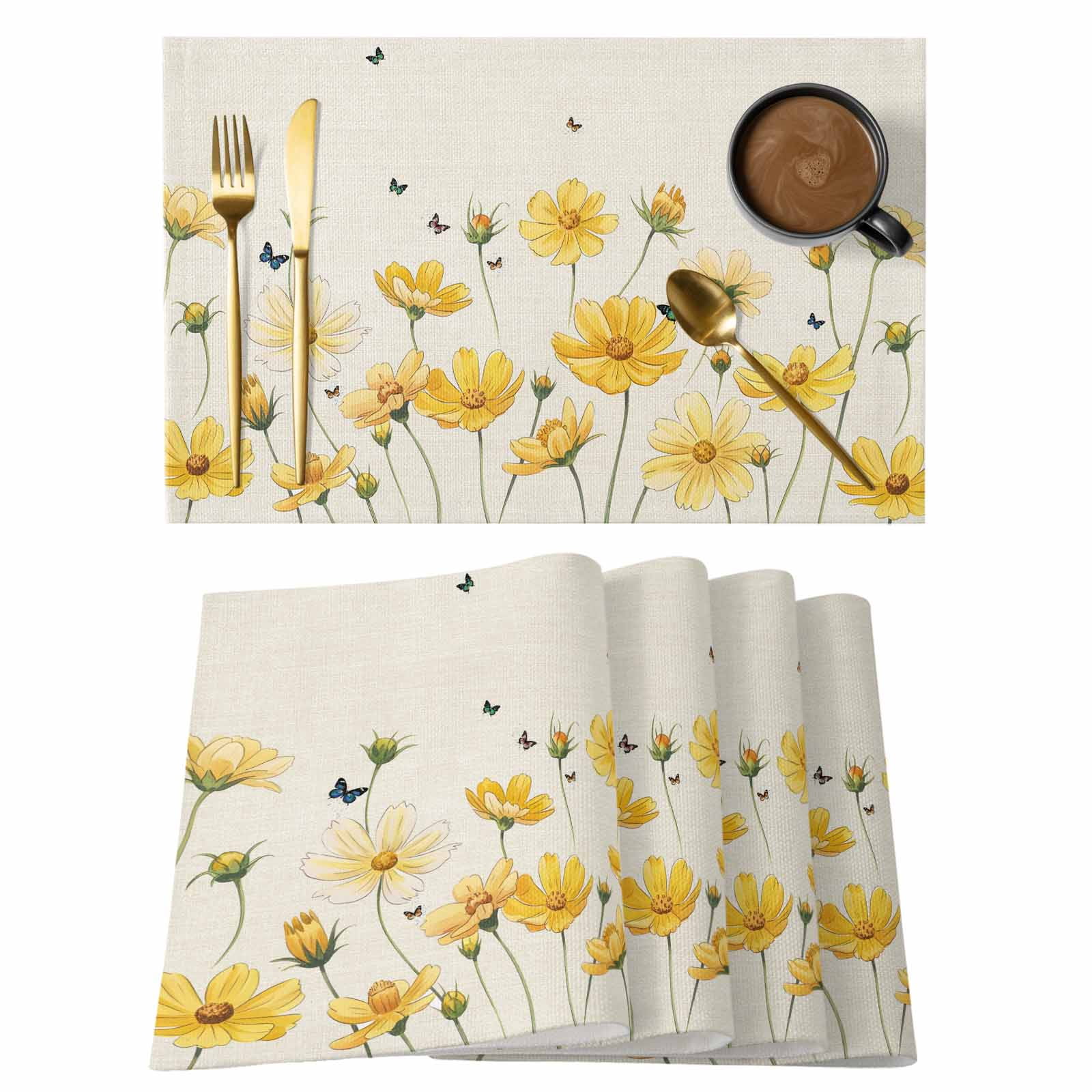 Placemats Set of 4, Yellow Flowers Woven Placemat, Linen Place Mats for ...