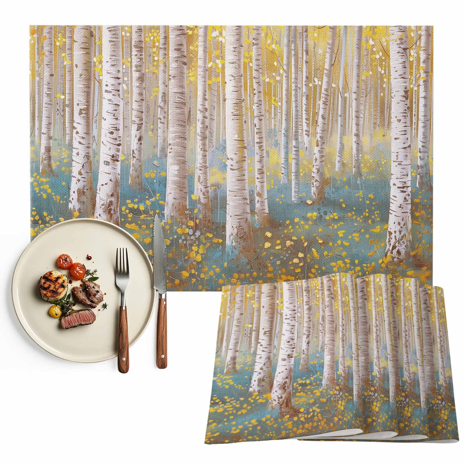 Placemats Set of 4, Yellow Forest Plant Place Mats Tree Illustration ...