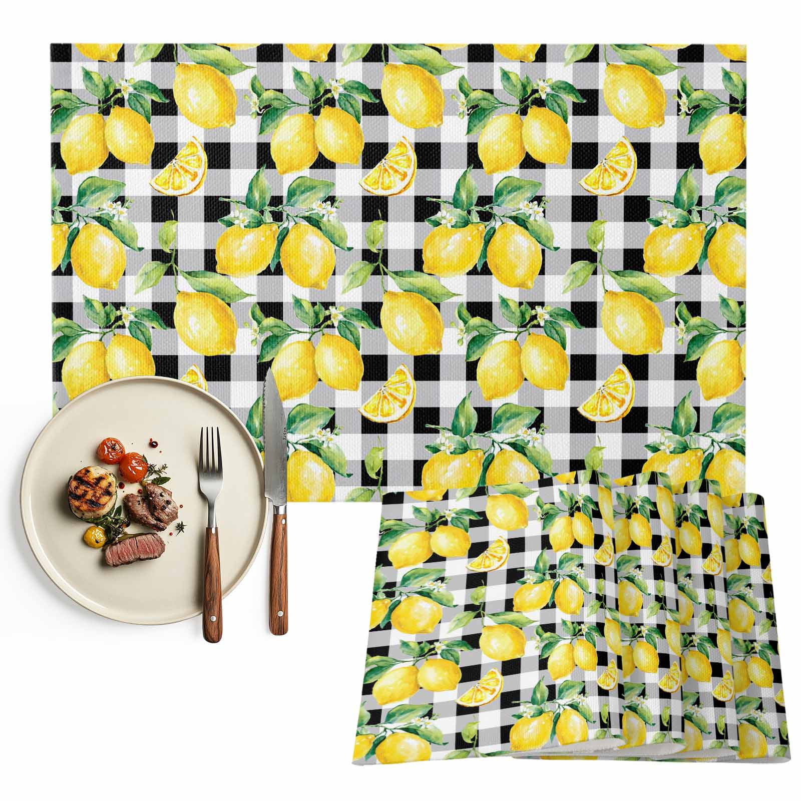 Placemats Set of 4, Yellow Lemon Place Mats Fruit Black Buffalo Plaid ...