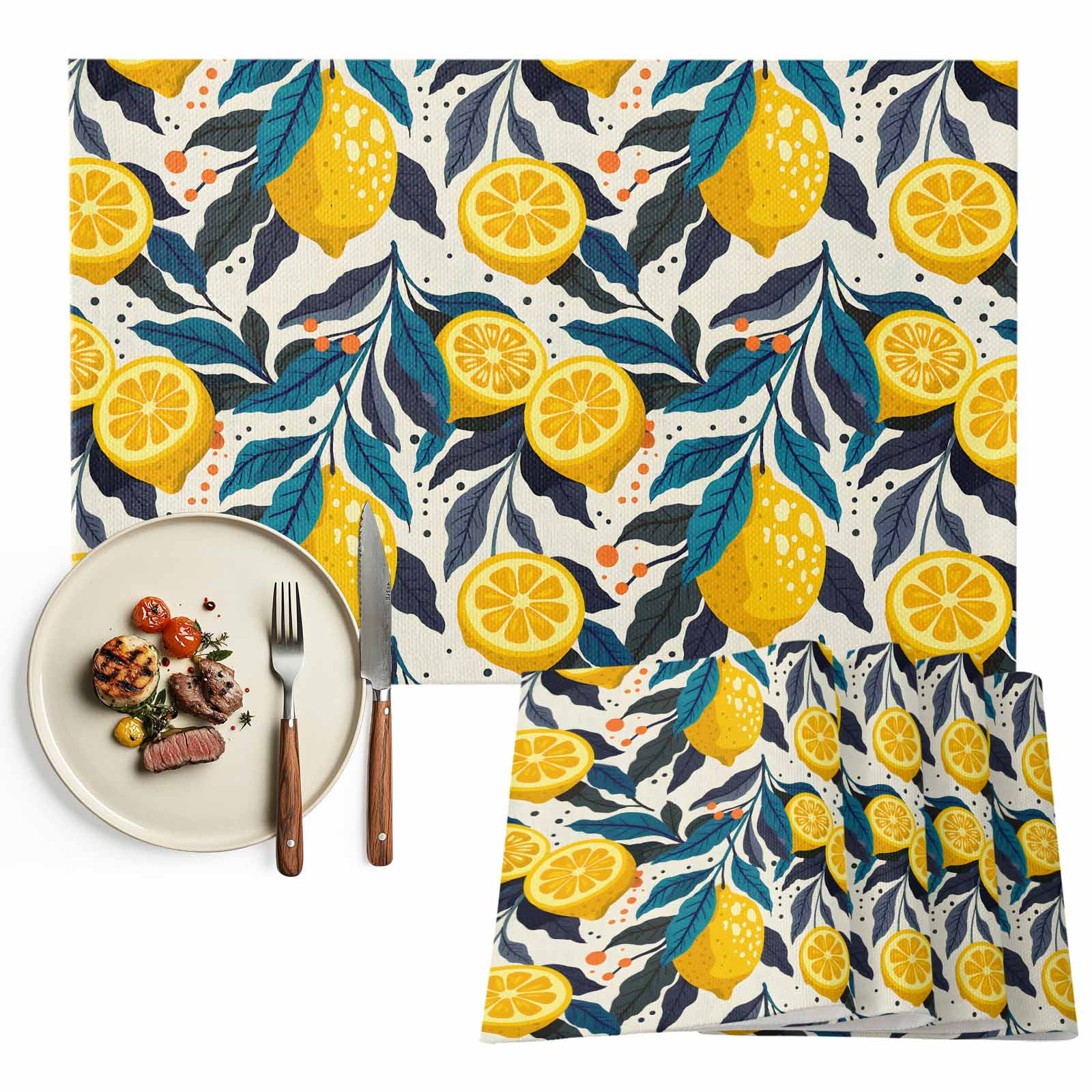 Placemats Set of 4, Yellow Lemon Place Mats Summer Fruit Blue Leaves ...