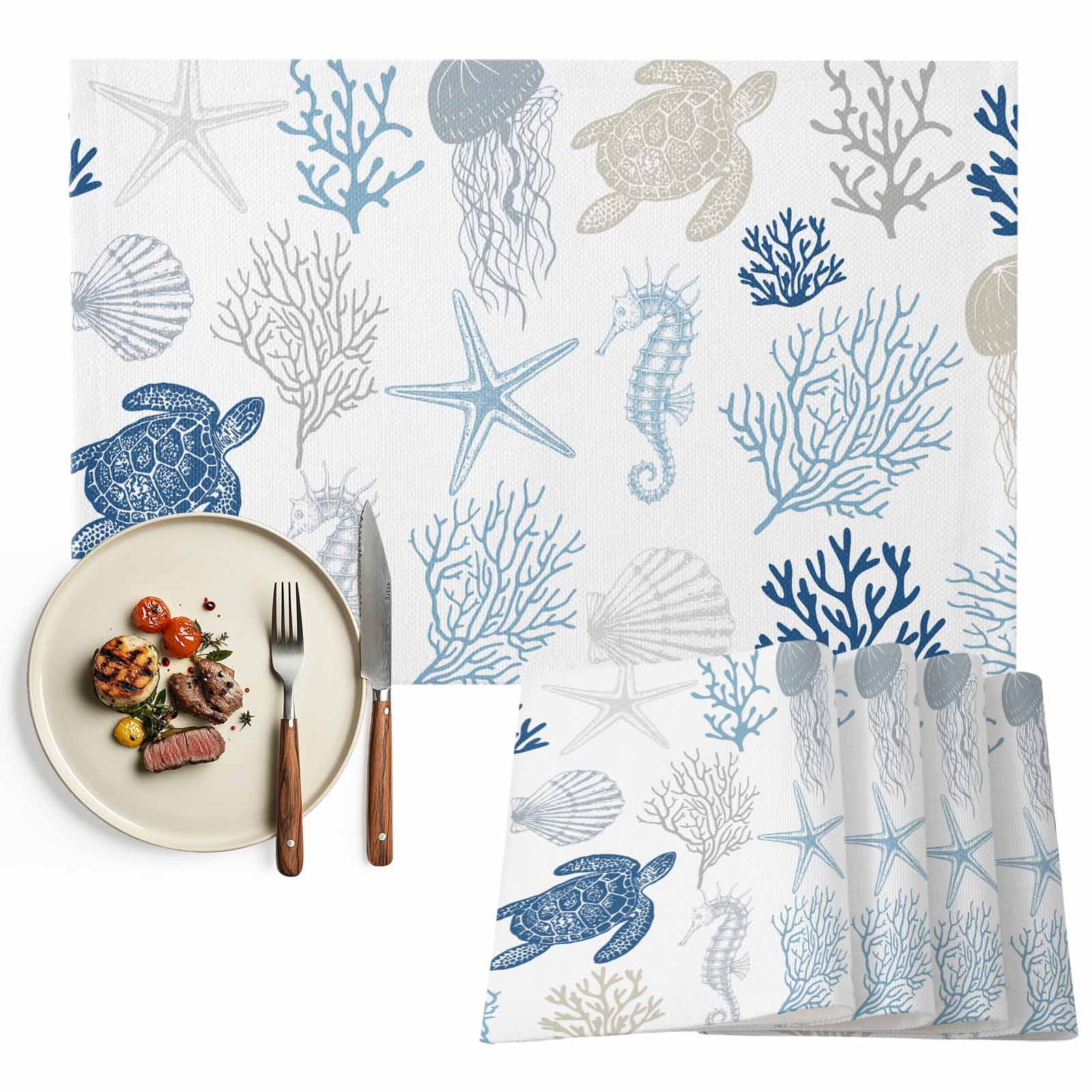 Placemats Set of 6, Abstract Coral Turtles Jellyfish Blue Shells Place ...