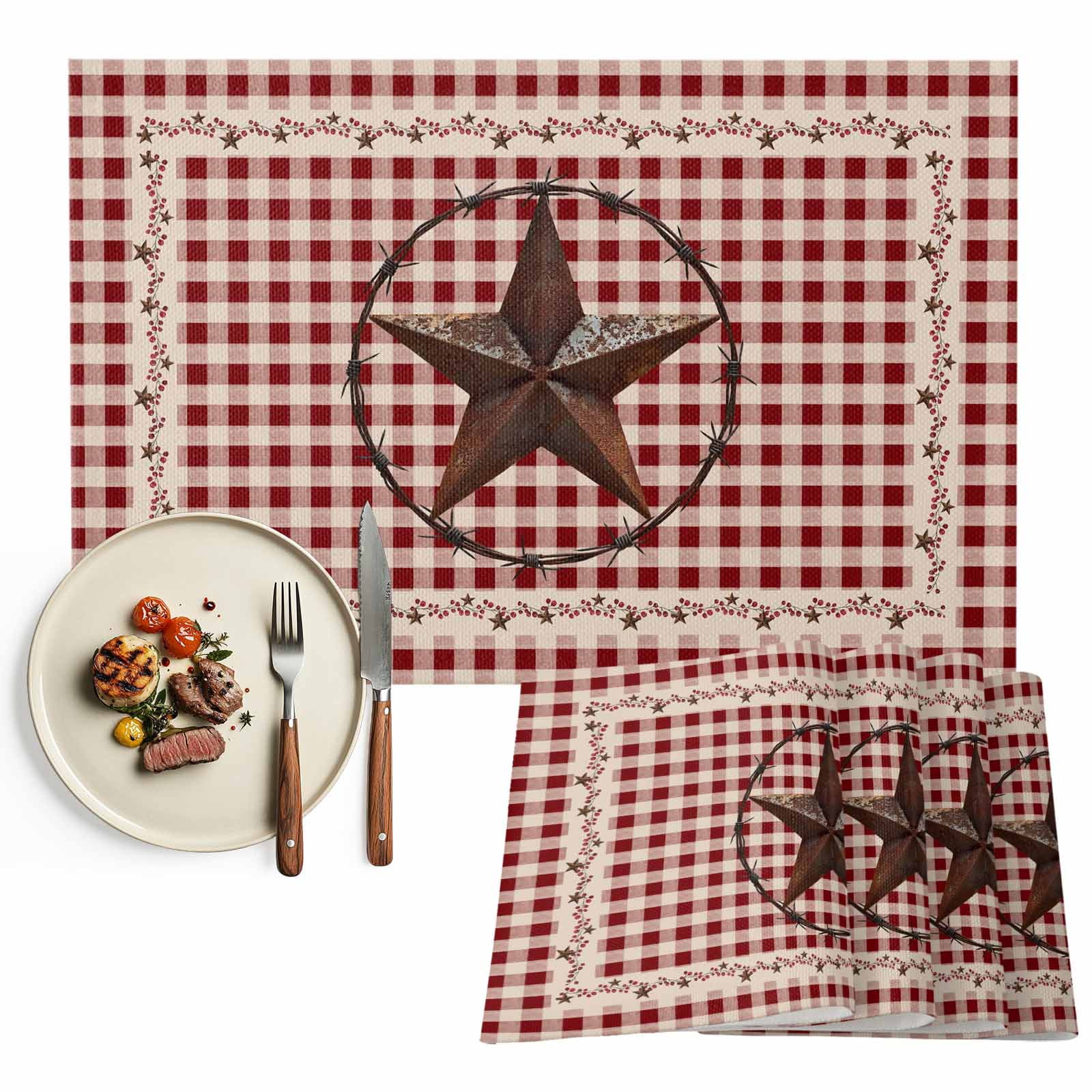 Placemats Set of 6, Barn Star Retro Place Mats Berry Red Buffalo Plaid ...