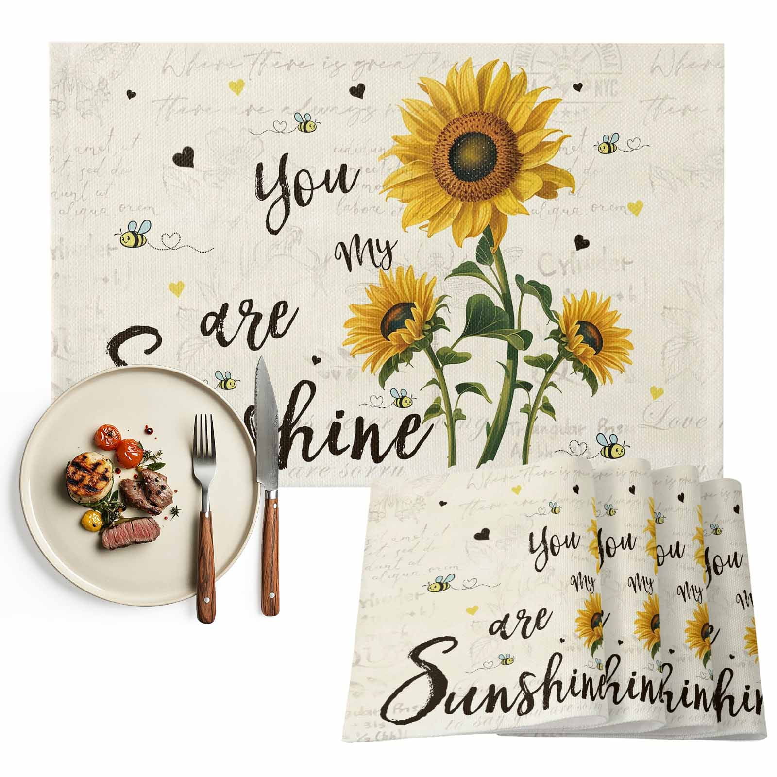 Placemats Set of 6, Bee Sunflower Place Mats Retro Text You Are My ...