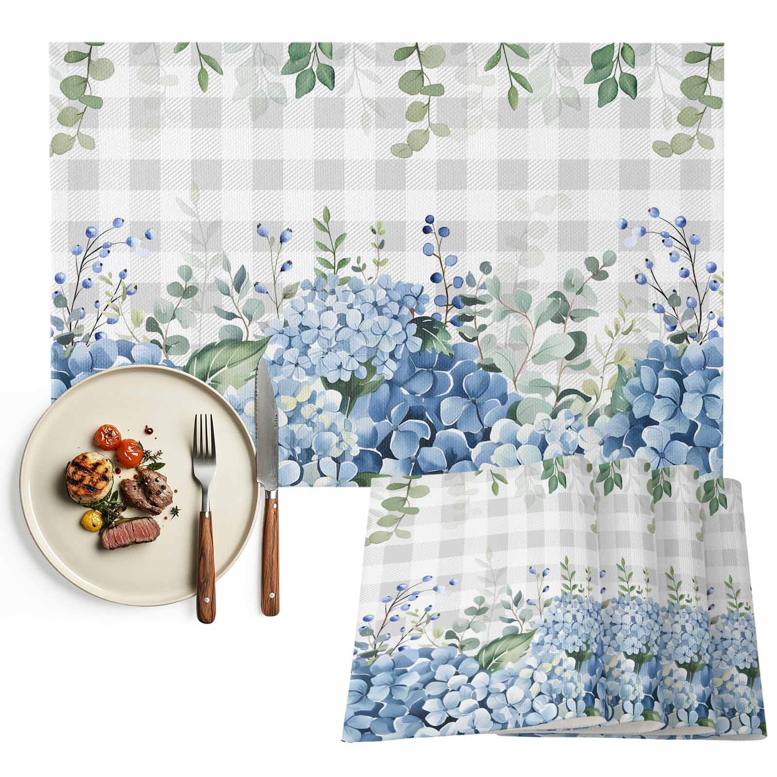 Placemats Set of 6, Blue Hydrangea Place Mats Green Eucalyptus Leaves ...