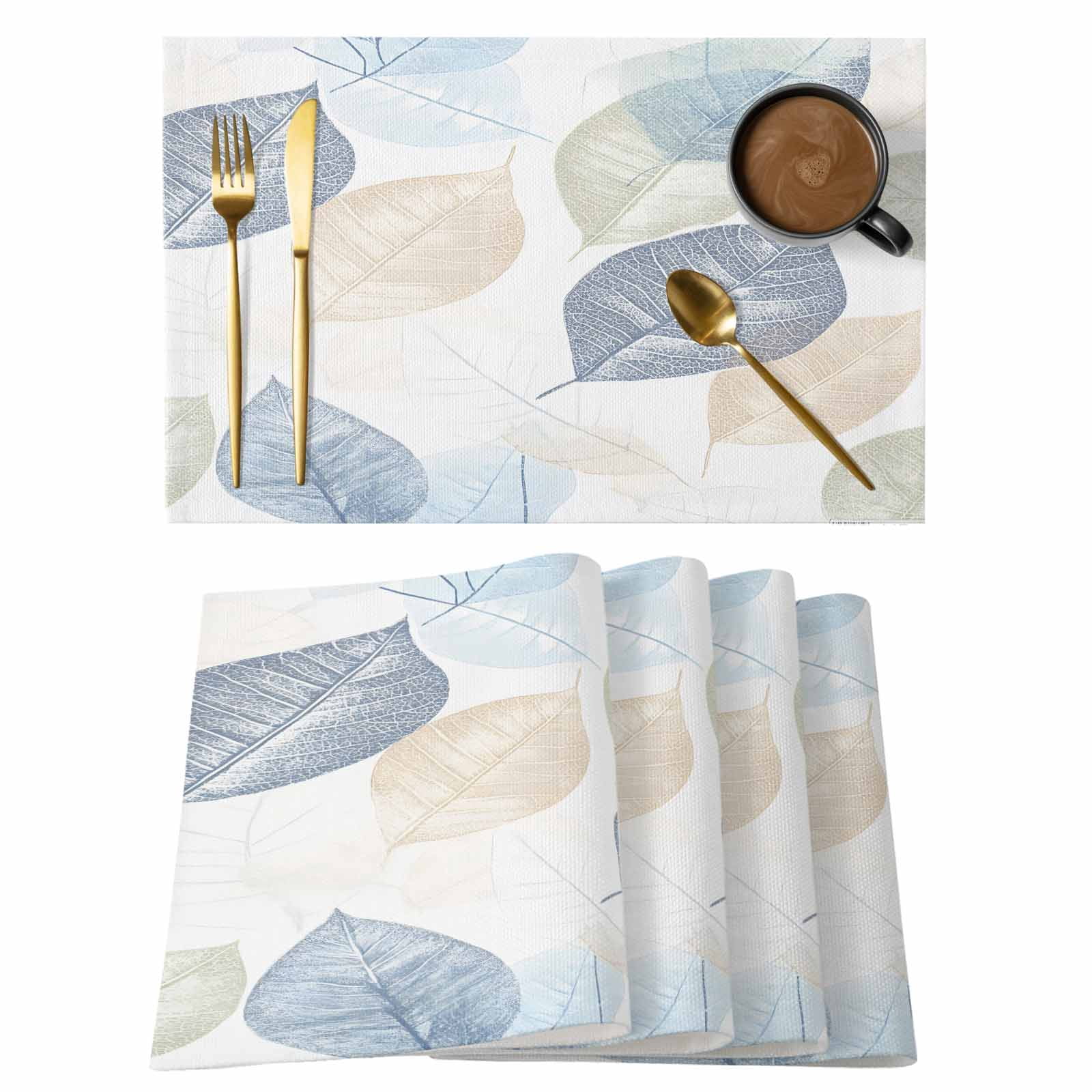 Placemats Set of 6 Blue Pink Leaves Non-Slip Place Mat Simple Style ...