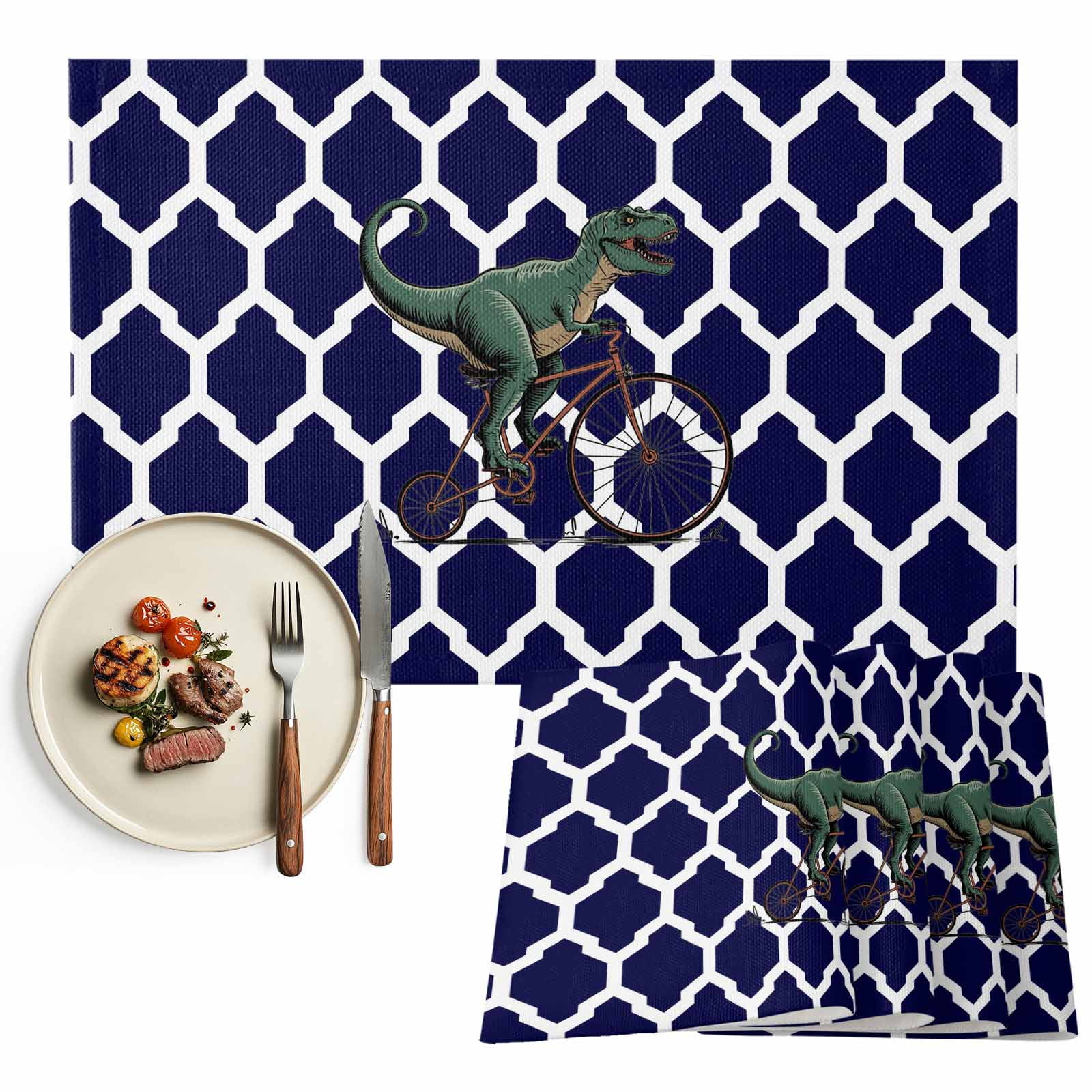 Placemats Set of 6, Cartoon Dinosaur Ride Bike Place Mats Navy Blue ...