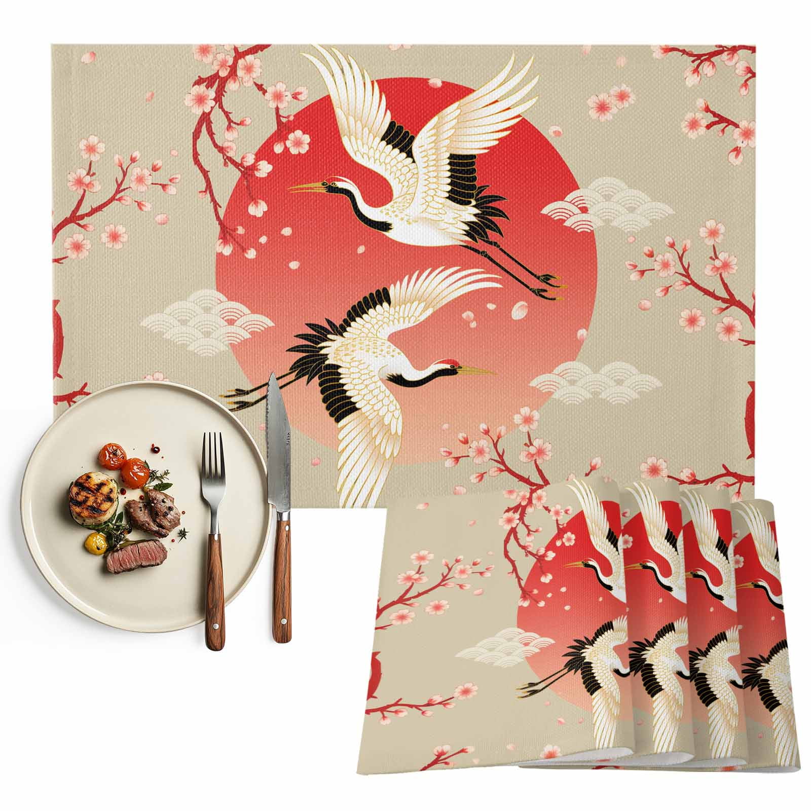 Placemats Set of 6, Cherry Blossom Crane Place Mats Japanese Style ...